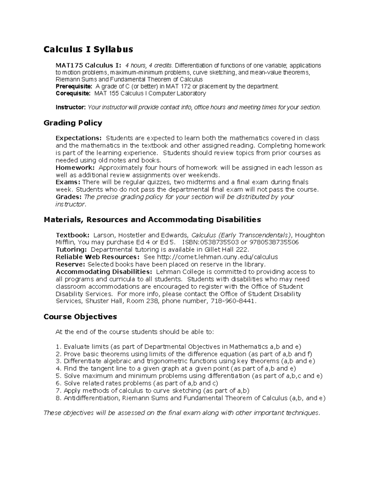 MAT175-dept-syllabus - Calculus I Syllabus MAT175 Calculus I: 4 hours ...