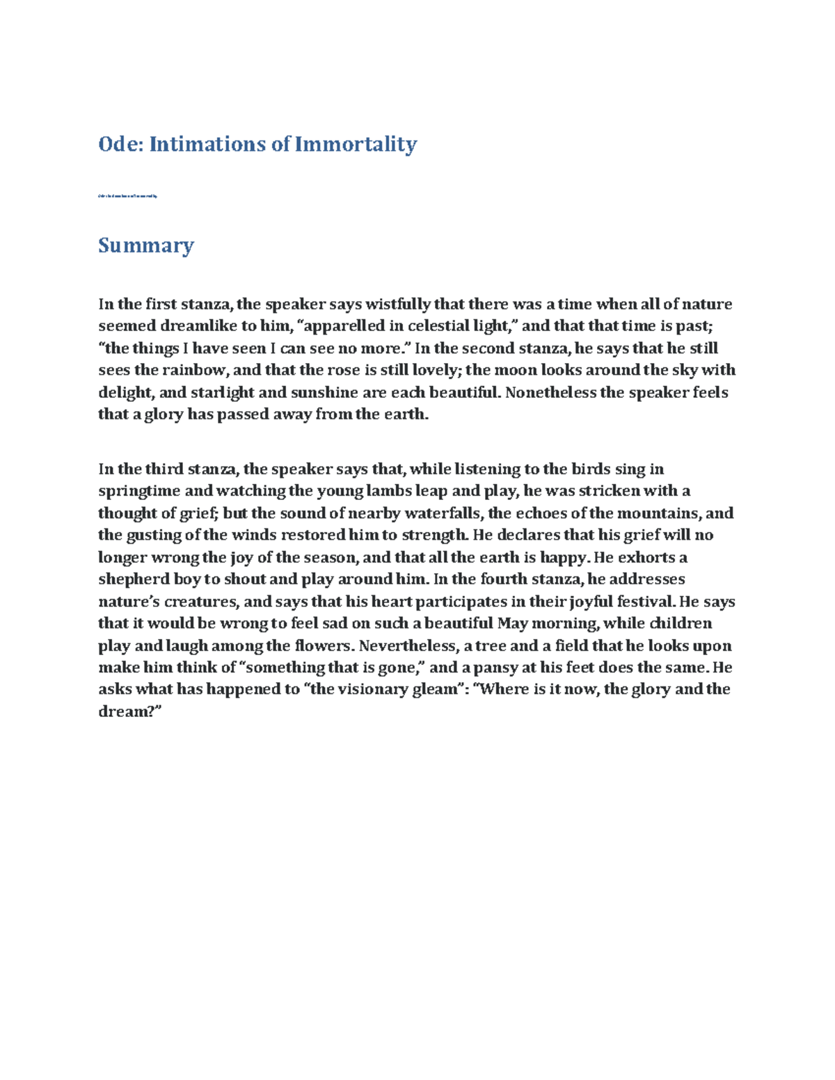 Ode - Ode - Ode: Intimations of Immortality Ode: Intimations of ...
