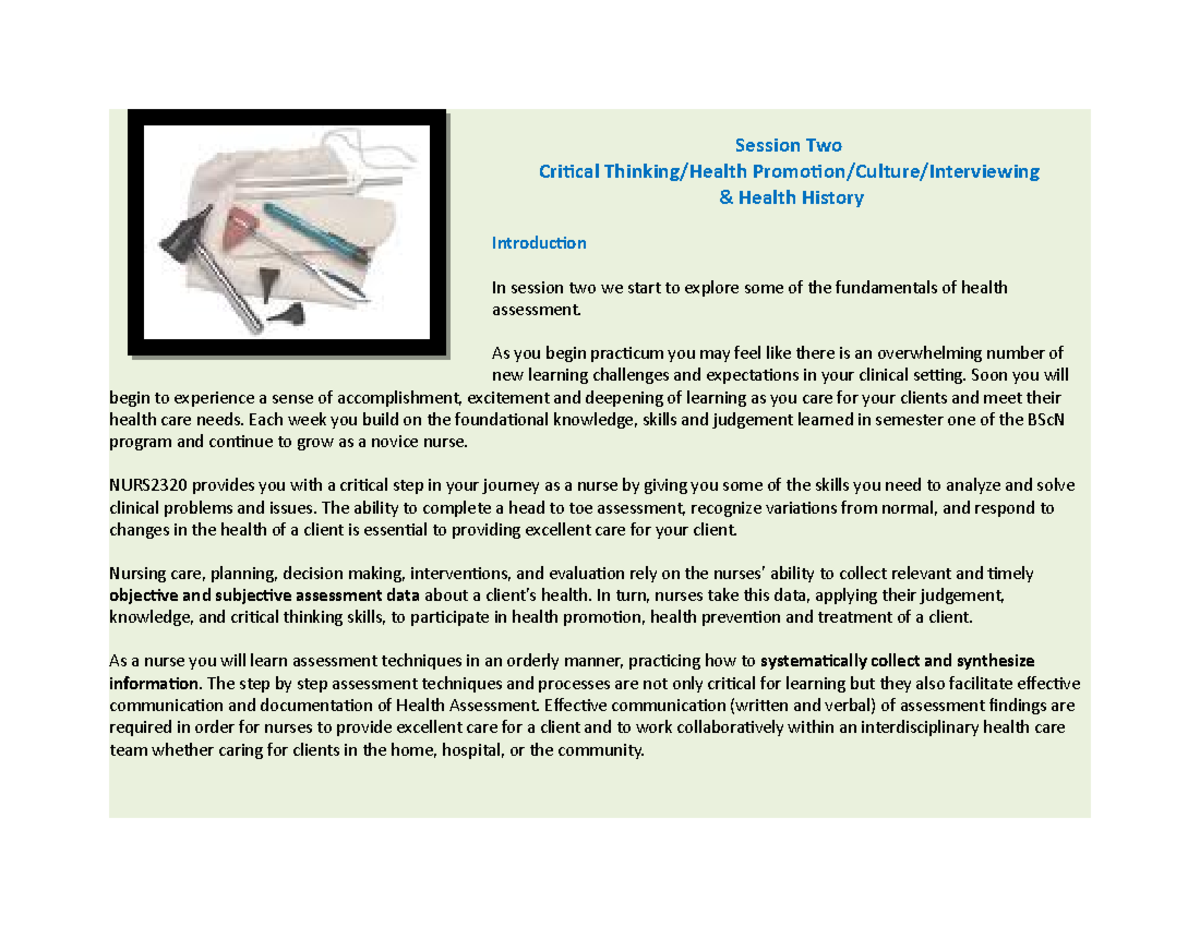 Session Two Objectives - Session Two Critical Thinking/Health Promotion ...