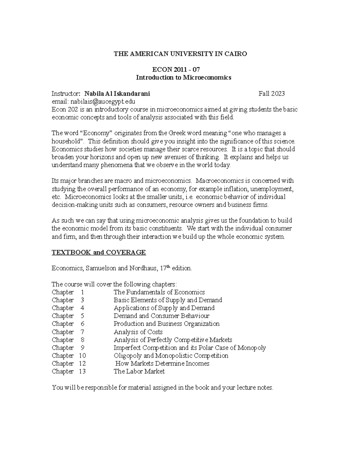 Course Syllabus - THE AMERICAN UNIVERSITY IN CAIRO ECON 2011 - 07 Introduction to Microeconomics ...