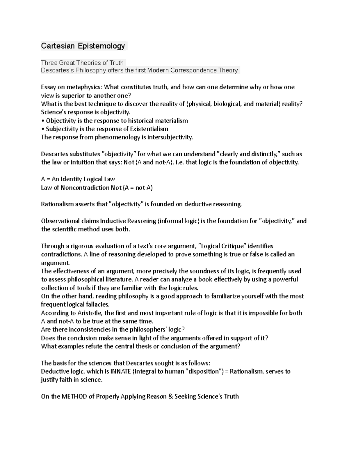 Rationalism lecture 2 - Cartesian Epistemology Three Great Theories of ...