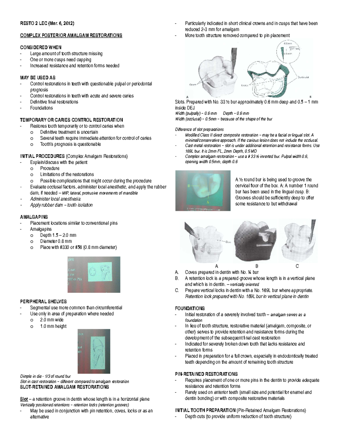 Resto 2 LEC (Mar 5) - RESTO 2 LEC (Mar. 6, 2012) More tooth structure ...