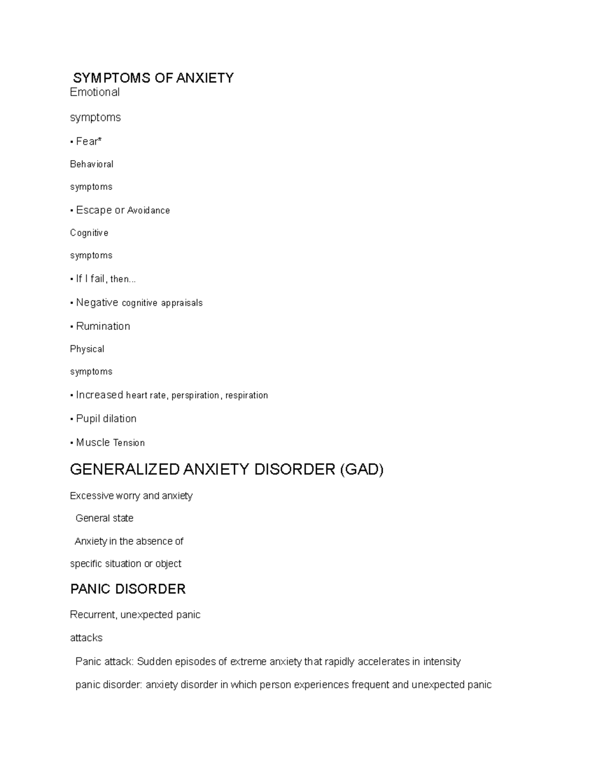 Symptoms OF Anxiety - Notes taken in class for psy 100A - SYMPTOMS OF ...