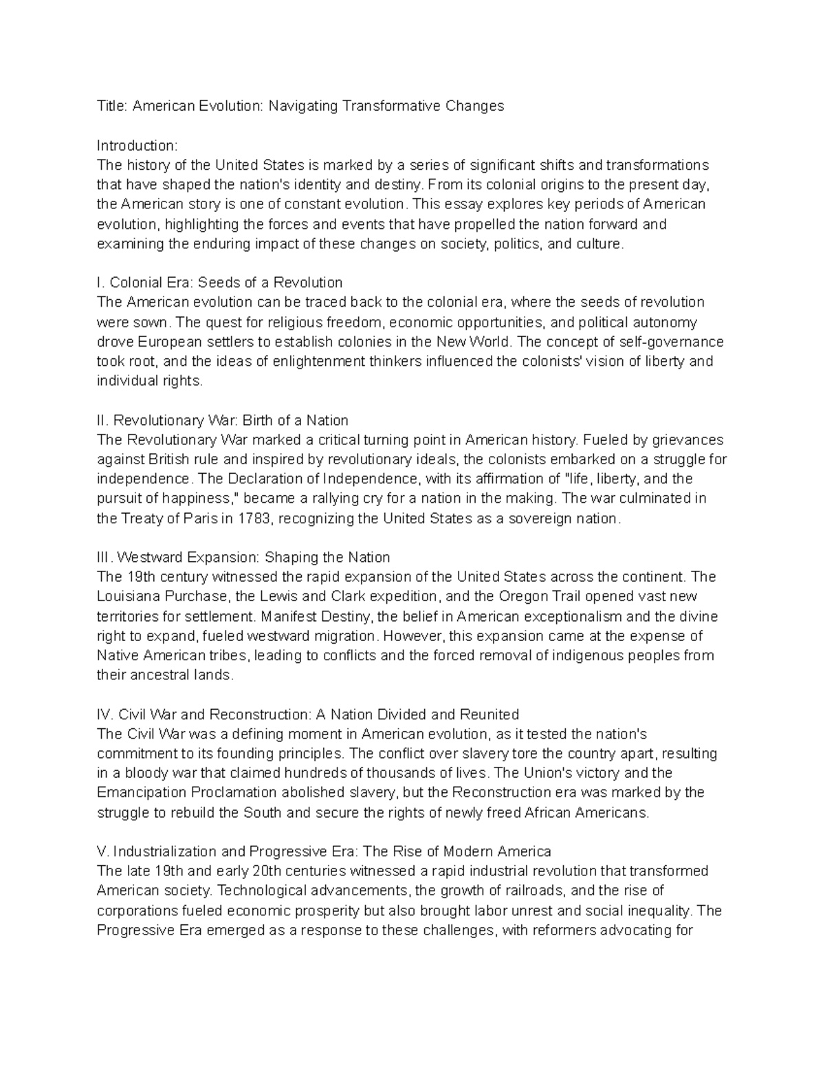 ESSAY ABOUT US HISTORY - Title: American Evolution: Navigating ...