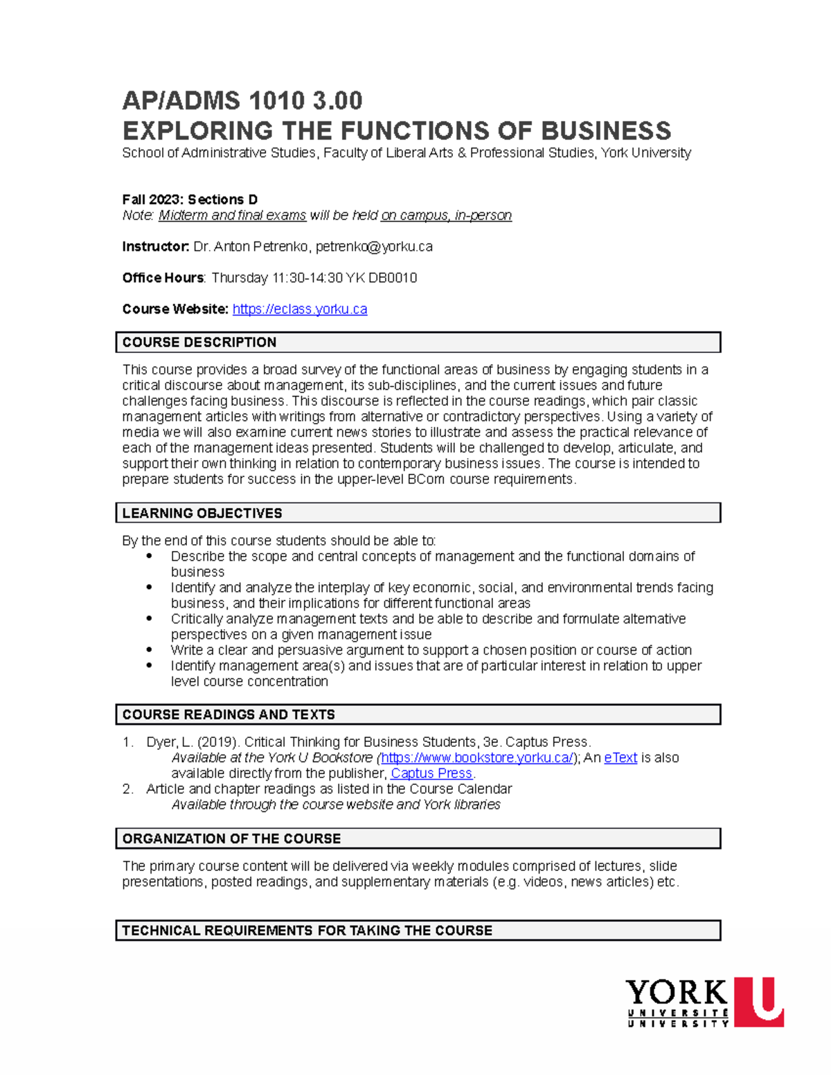 1. ADMS1010 D F23 Course outline - AP/ADMS 1010 3. EXPLORING THE FUNCTIONS OF BUSINESS School of ...