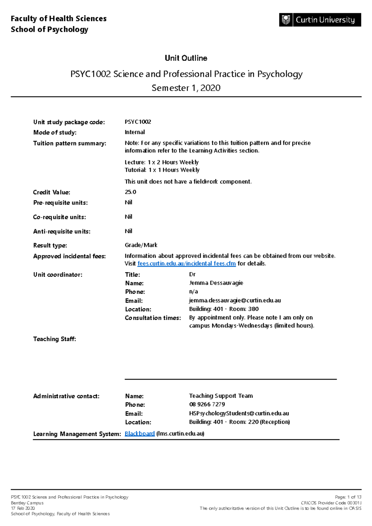 PSYC1002-SPP1002S Unit Outline S-1 2020 - Unit study package code ...