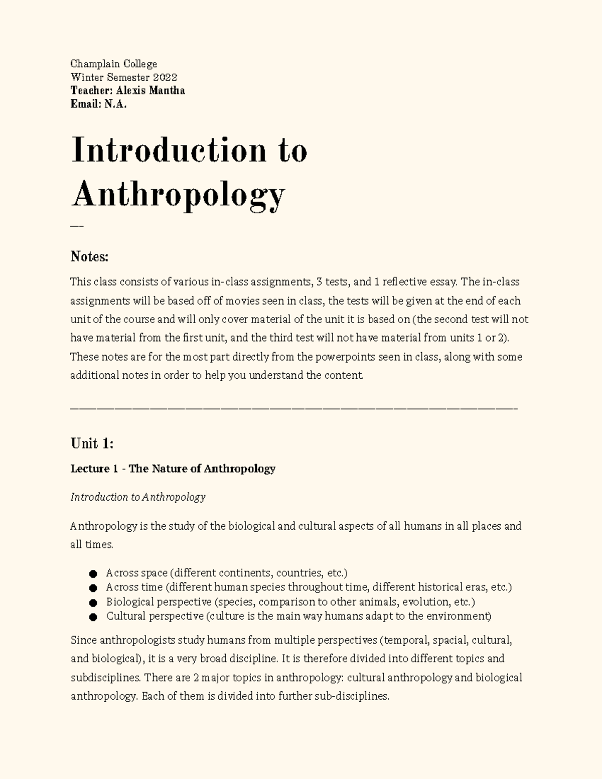 Introduction to Anthropology notes - Champlain College Winter Semester ...