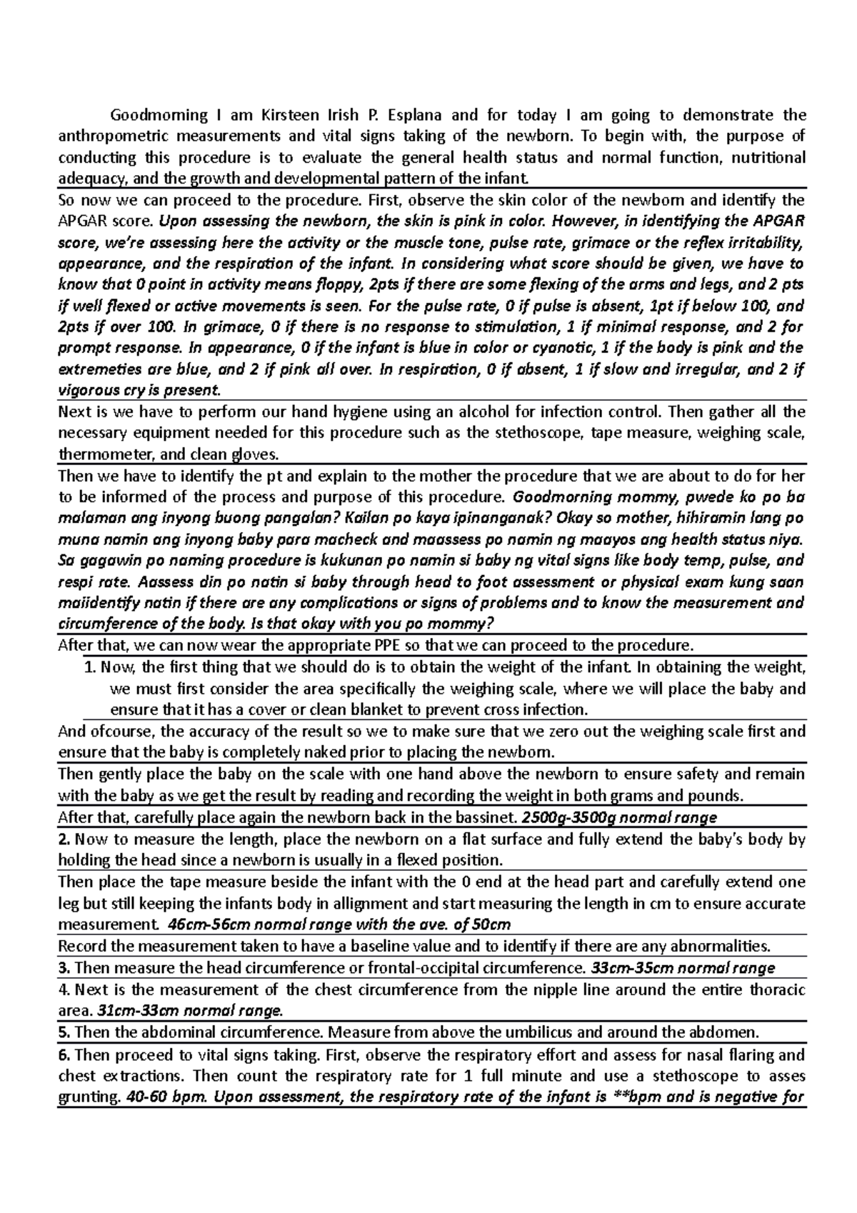 Anthropometric Measurements and Vital Signs taking Return Demonstration ...