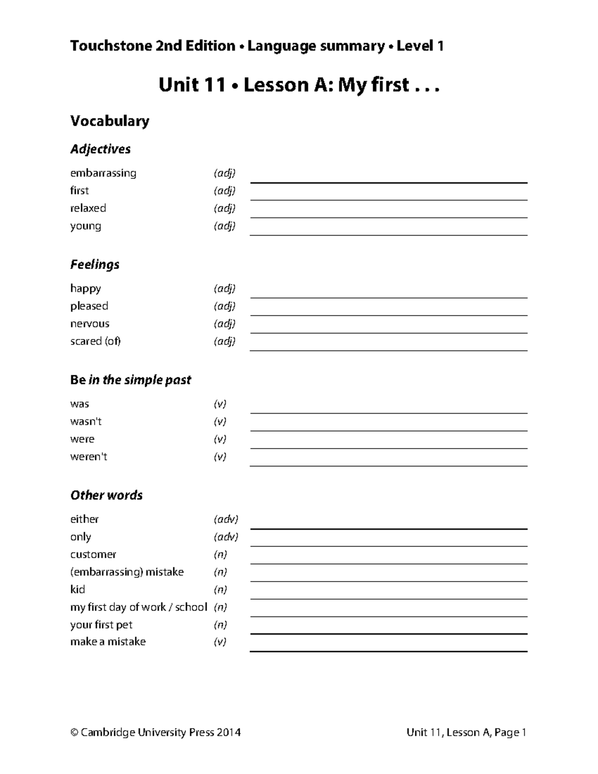 TS2e L1 U11 LA Langsum - Lectura - Touchstone 2nd Edition • Language summary • Level 1 Unit 11 ...