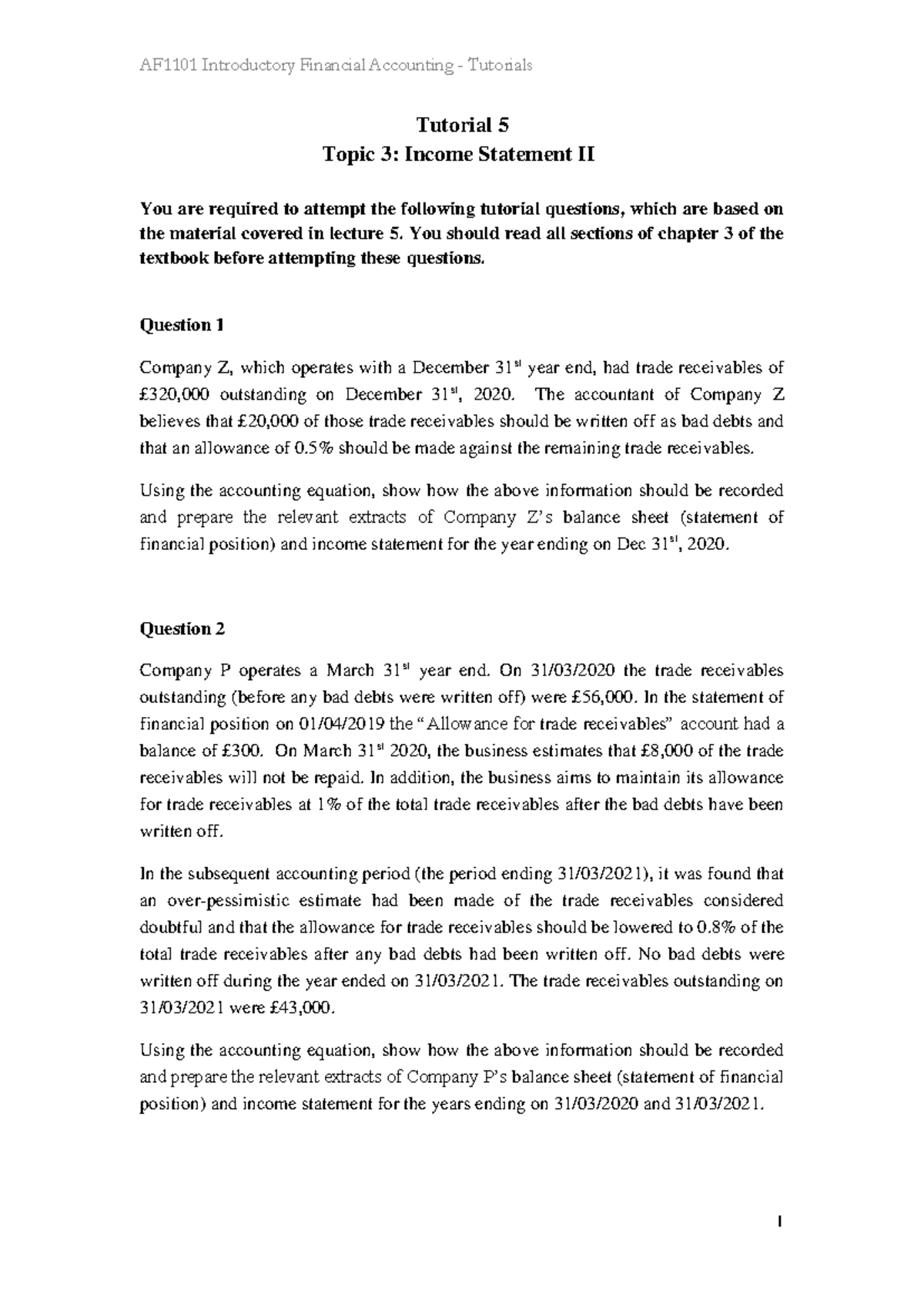 Tutorial 5 Questions - Accounting - AF1101 Introductory Financial ...