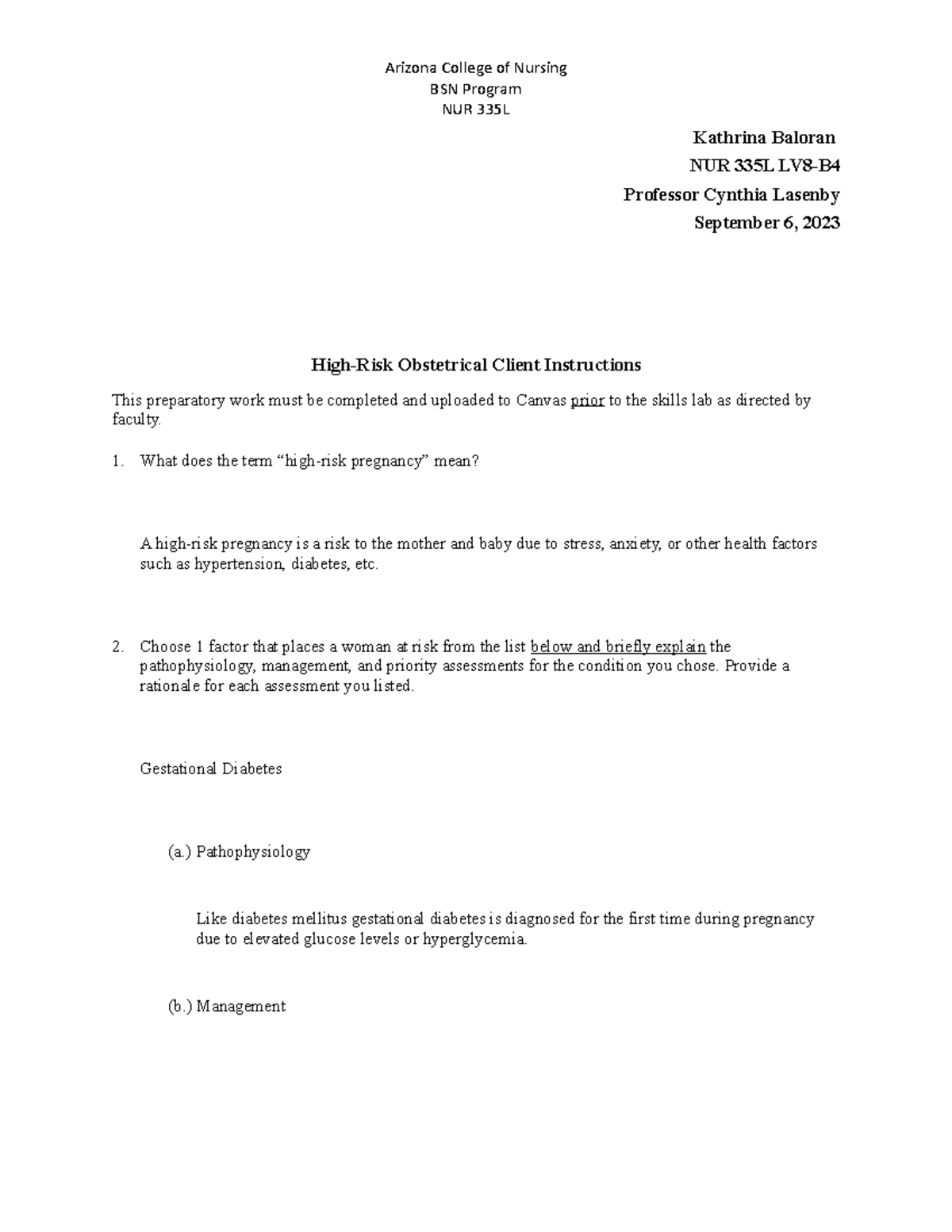 OB- High-risk OB client - Arizona College of Nursing BSN Program NUR ...