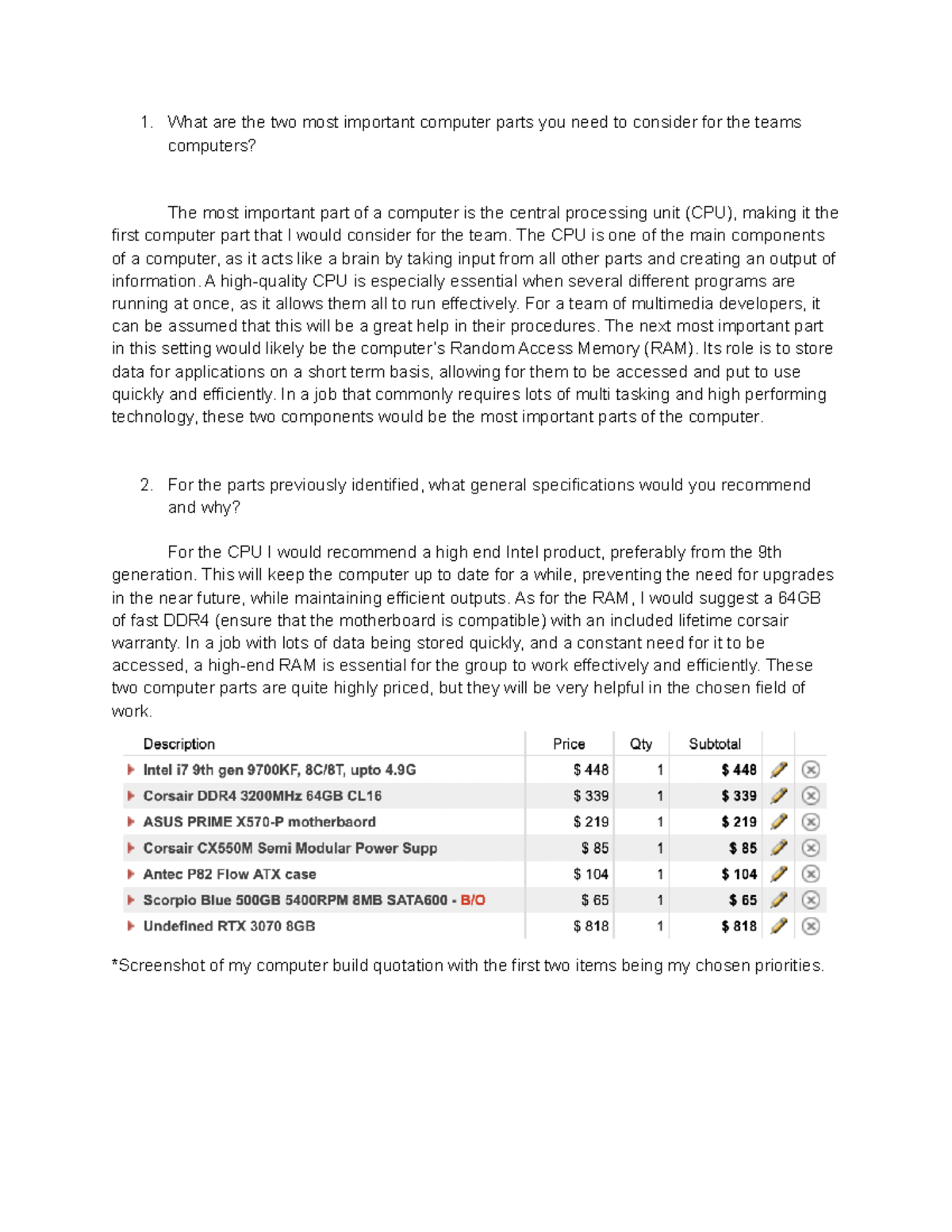 BTM Assignment #1 - Alex Dalipaj - What are the two most important computer parts you need to ...