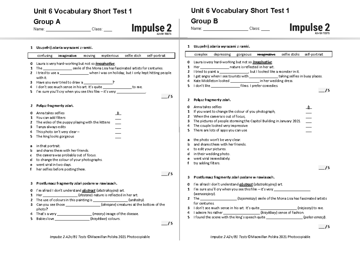 732150390 Unit 6 Vocabulary Short Test 1 A B - Impulse 2 A2+/B1 Tests ...