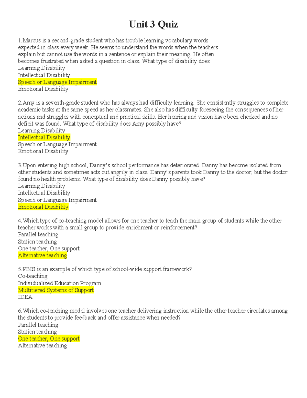 Unit 3 Quiz - Unit 3 Quiz 1 is a second-grade student who has trouble ...