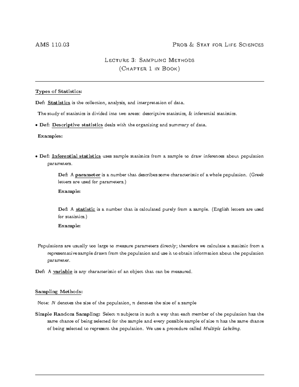 Lecture 3 Sampling Methods - AMS 110 Prob & Stat for Life Sciences ...