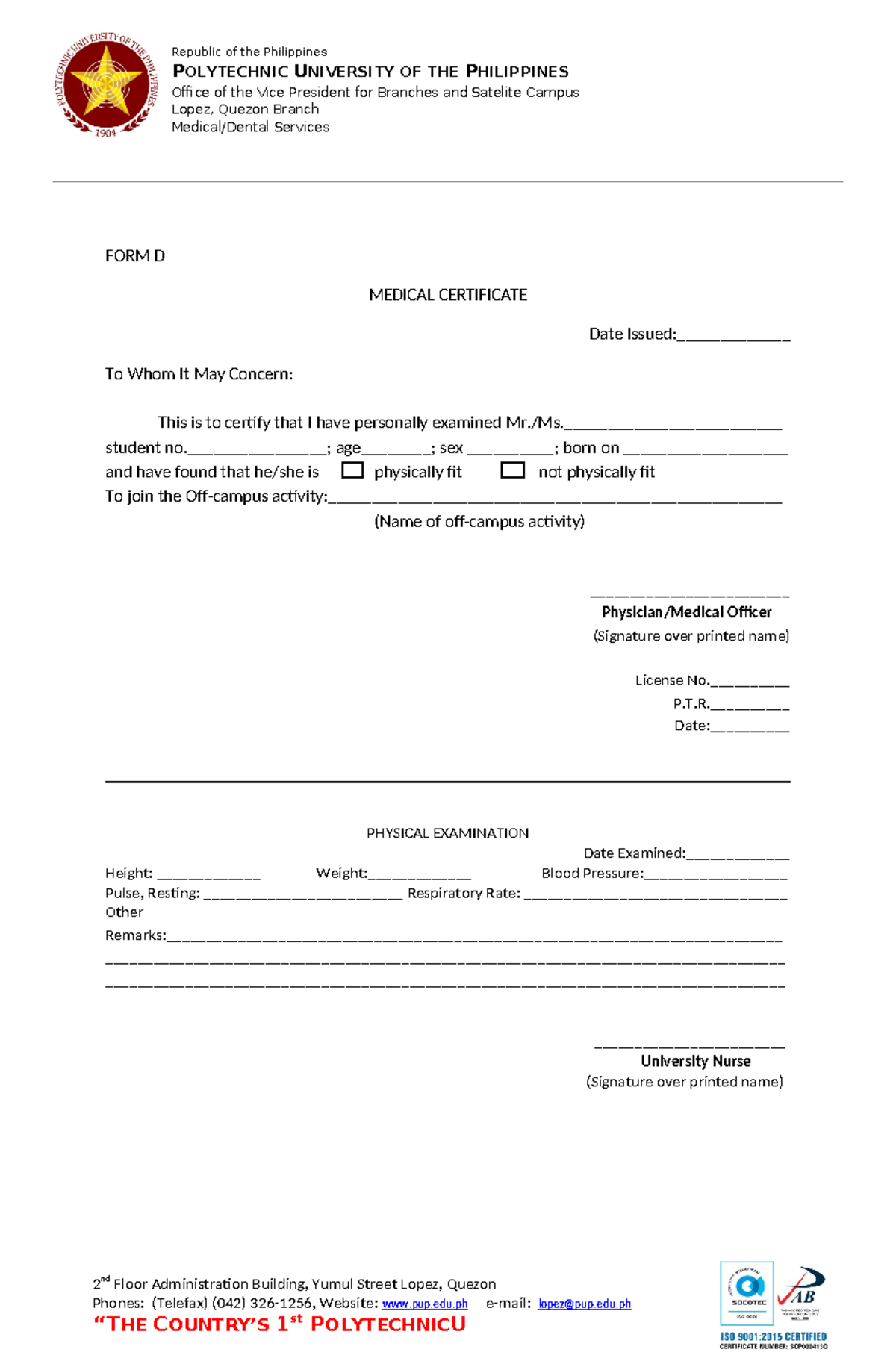 FORM-D-with-header - med - Republic of the Philippines POLYTECHNIC UNIVERSITY OF THE PHILIPPINES ...
