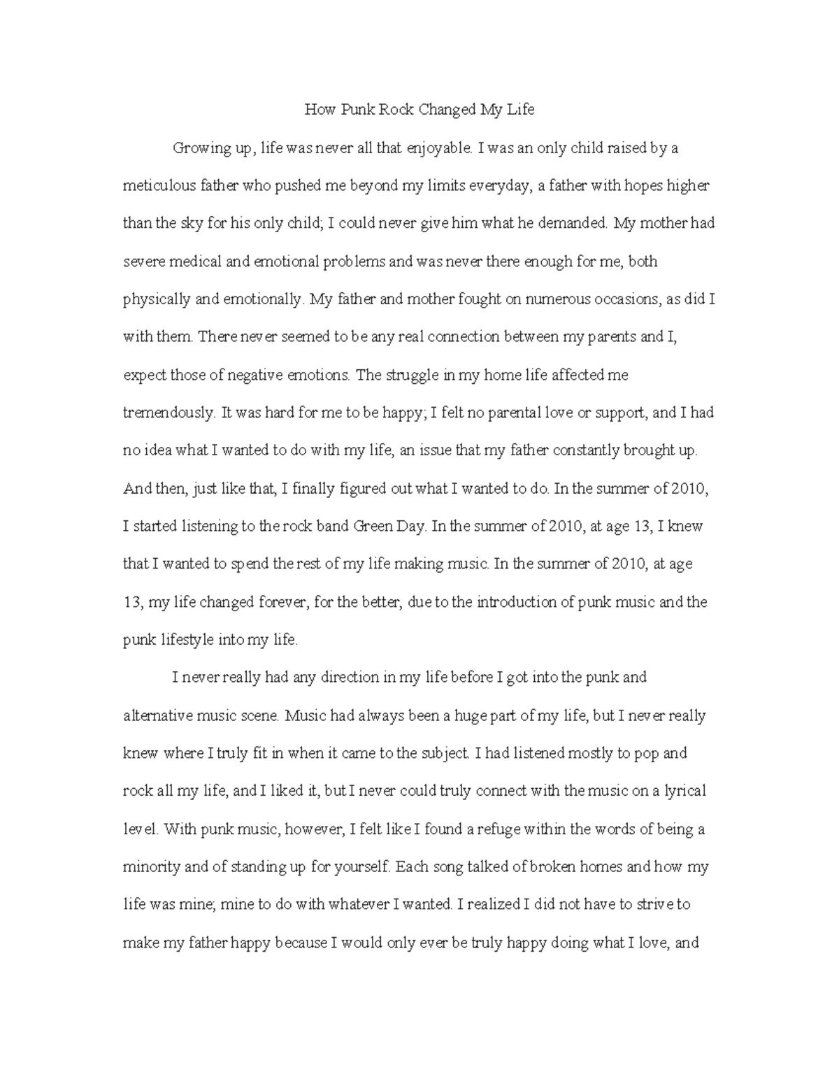 Narative Essay - Grade: A - How Punk Rock Changed My Life Growing up ...