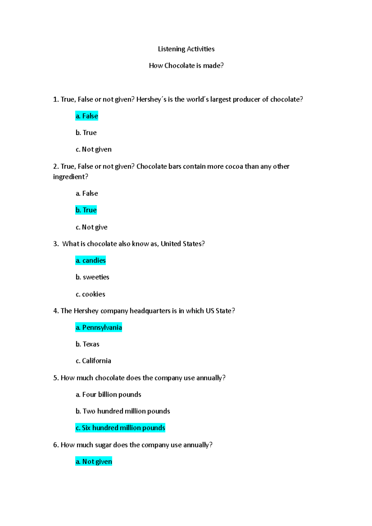 Chocolate made - Ingles ejercicio para practicar - Listening Activities ...