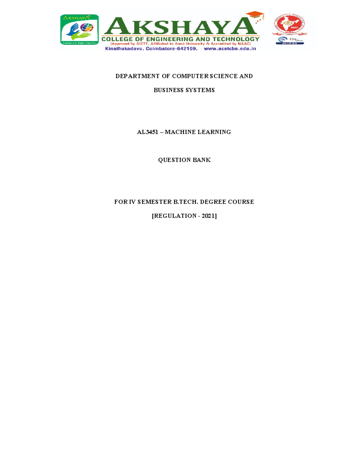 CSBS QB Front PAGE - nil - DEPARTMENT OF COMPUTER SCIENCE AND BUSINESS ...