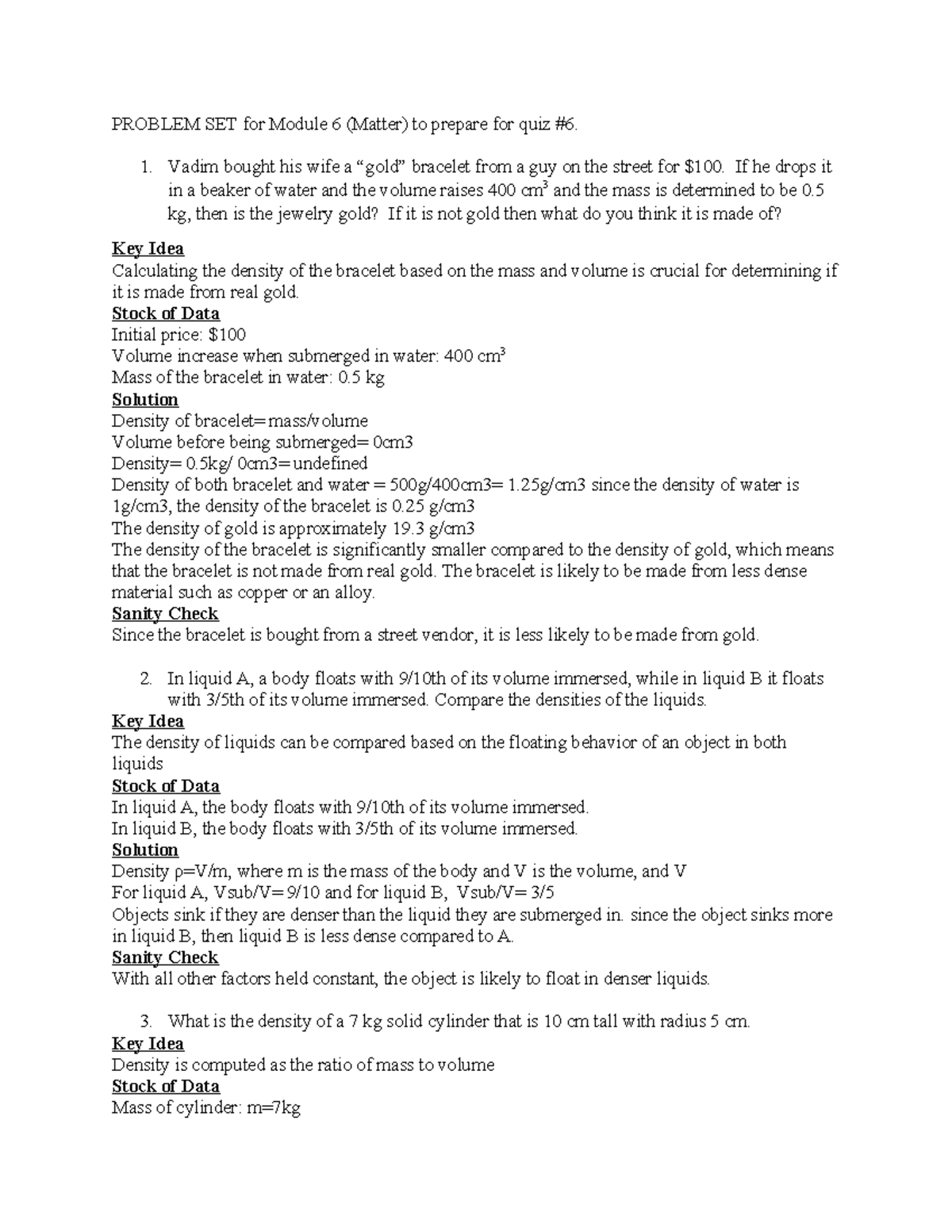 Unit 6 Math Assignment - PROBLEM SET for Module 6 (Matter) to prepare ...
