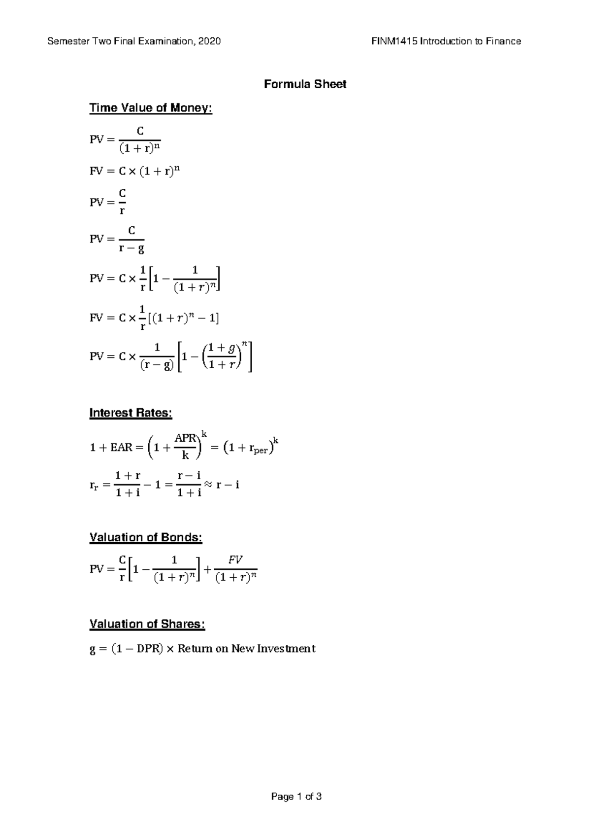 Formula Sheet (Final Exam)(Topics) - Semester Two Final Examination ...
