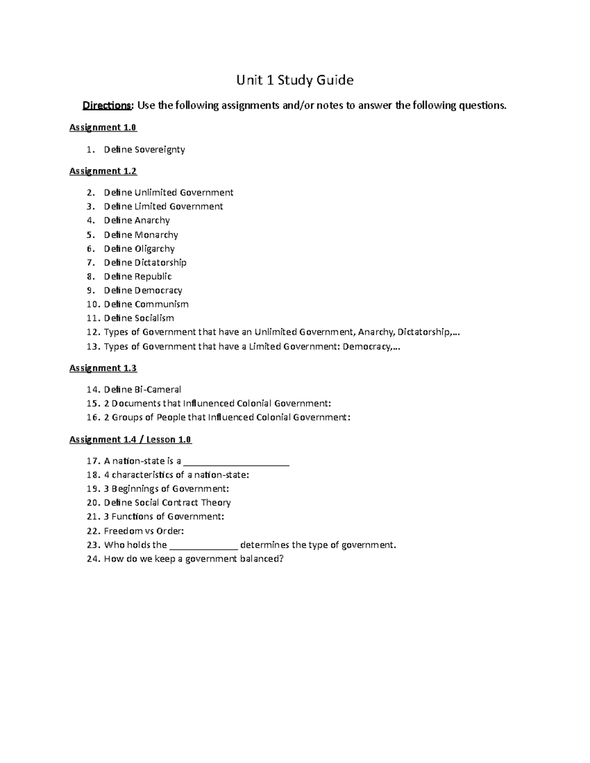 Unit 1 Study Guide - xsafaadfasfadfdf - Unit 1 Study Guide Directions ...