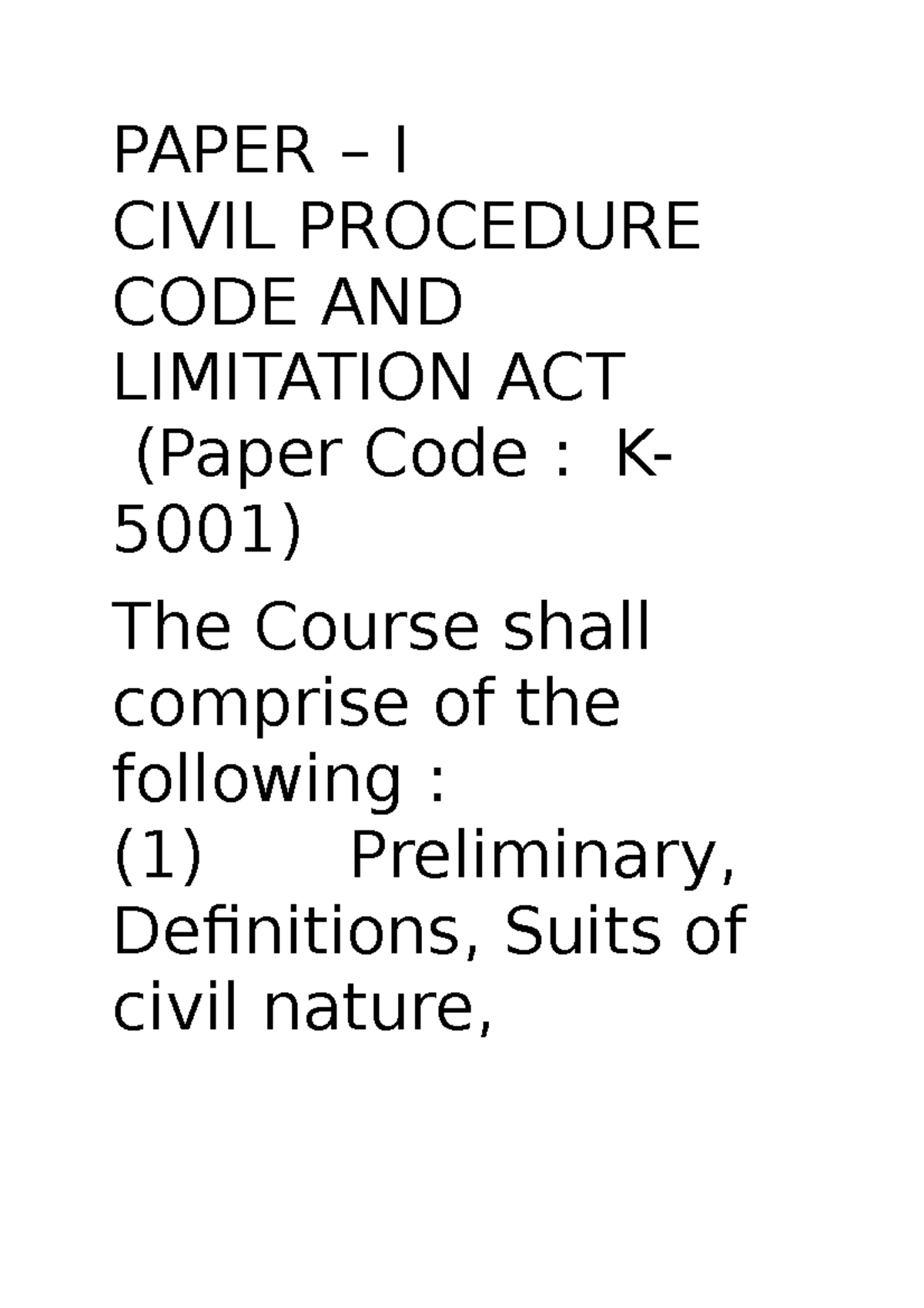 Syllabus - PAPER – I CIVIL PROCEDURE CODE AND LIMITATION ACT (Paper ...