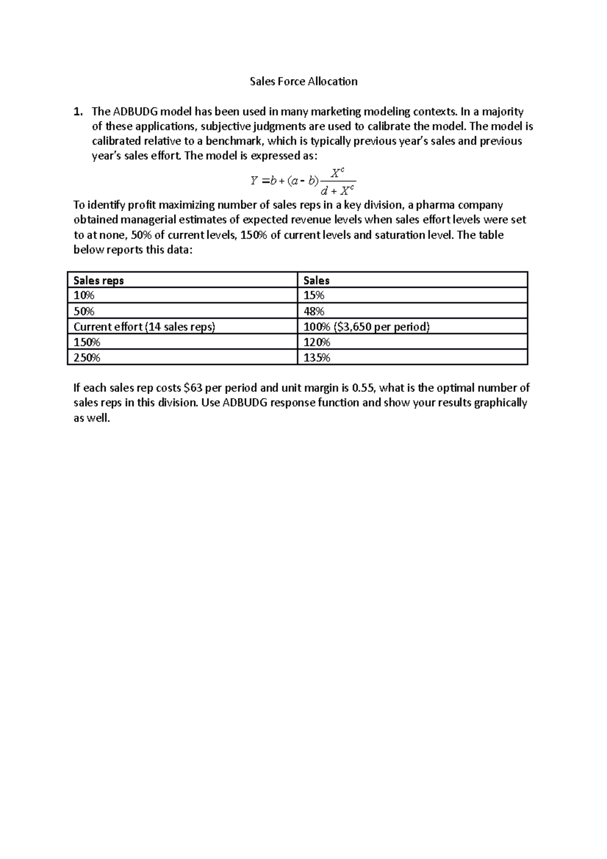 Sales Force Exercise - ................ - Sales Force Allocation The ...