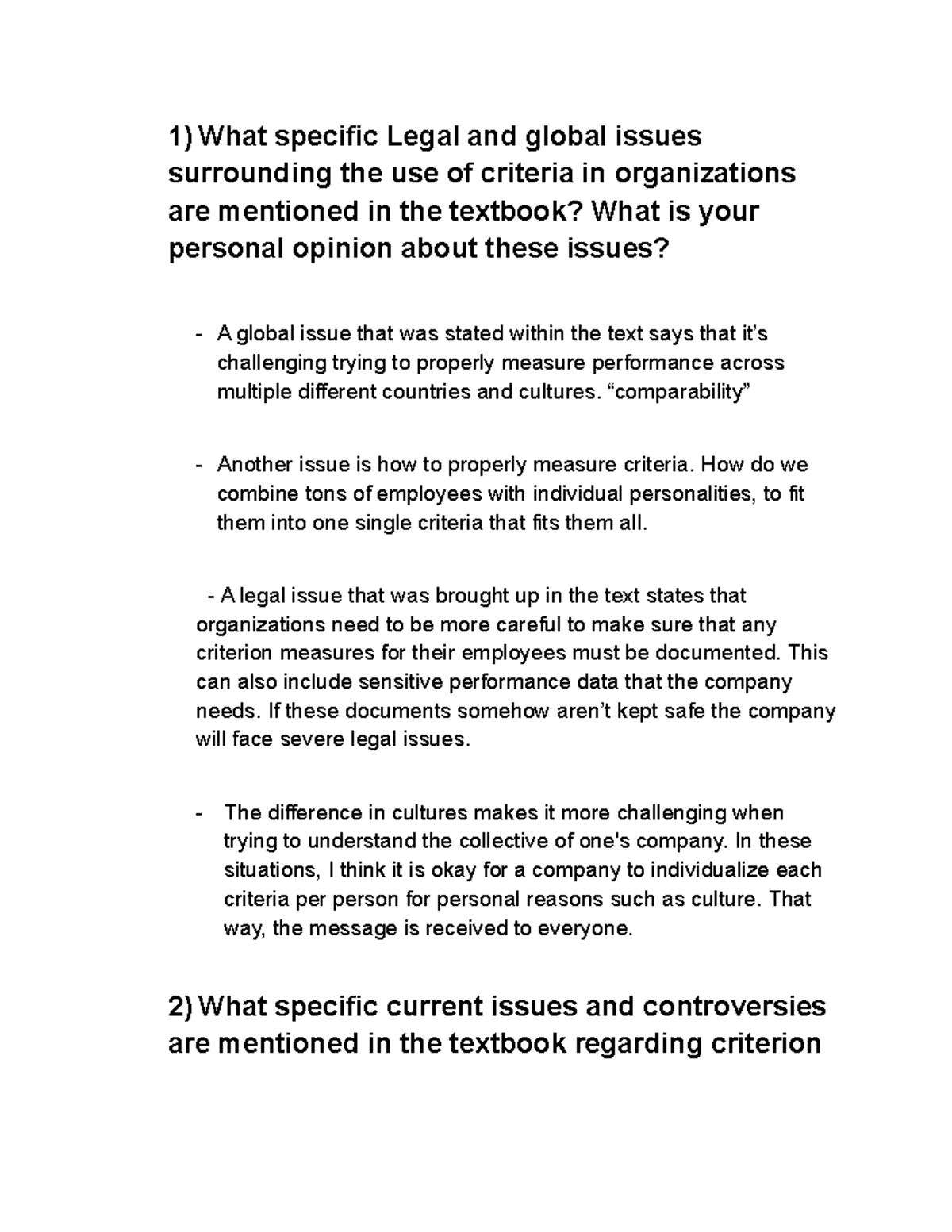 Organizational Psych HW - Sept 21 - 1) What specific Legal and global ...