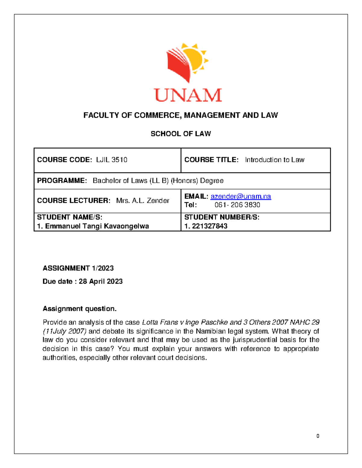 Intro 1 law assignment 1 of 2023 complete - FACULTY OF COMMERCE ...