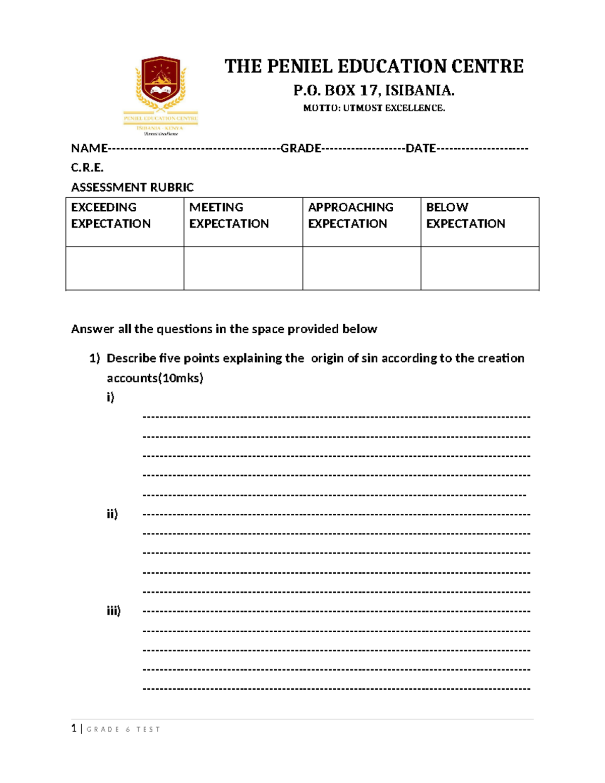 C.R.E Grade 8 test - time management exams - NAME-GRADE-DATE- C.R ...