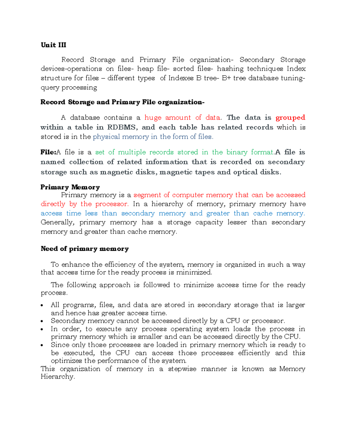 UNit 3 DBMS - Jxbdbdbdhff - Unit III Record Storage and Primary File ...