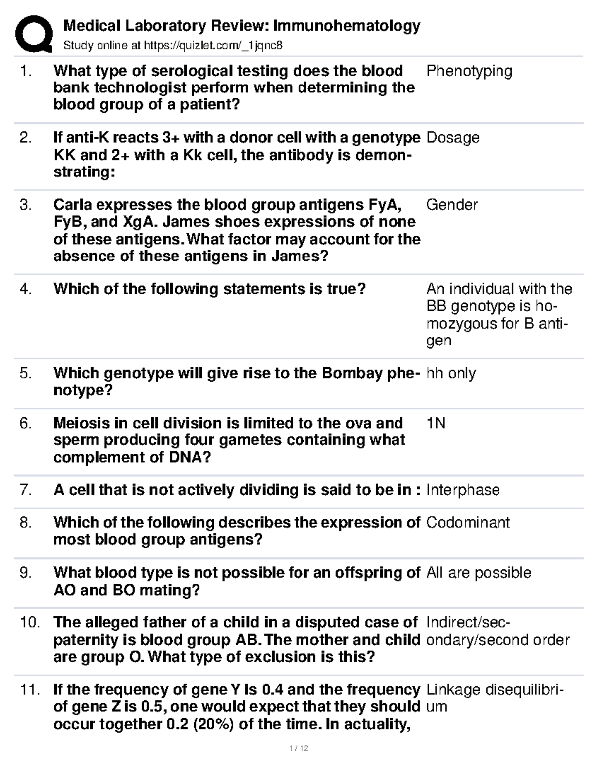 Medical Laboratory Review Immunohematology - Study online at quizlet ...
