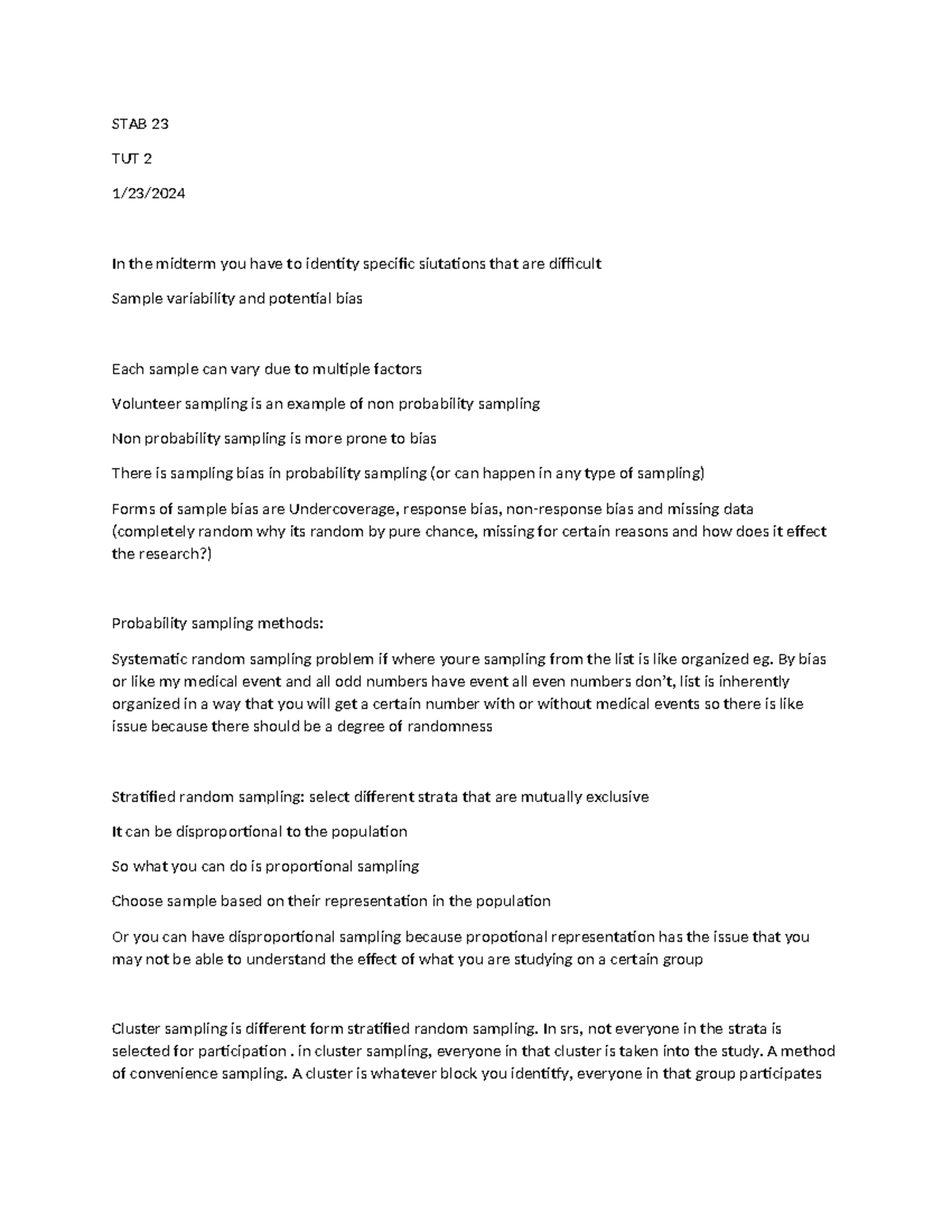 STAB 23 TUT 2 - STA LECC NOTES - STAB 23 TUT 2 1/23/ In the midterm you ...