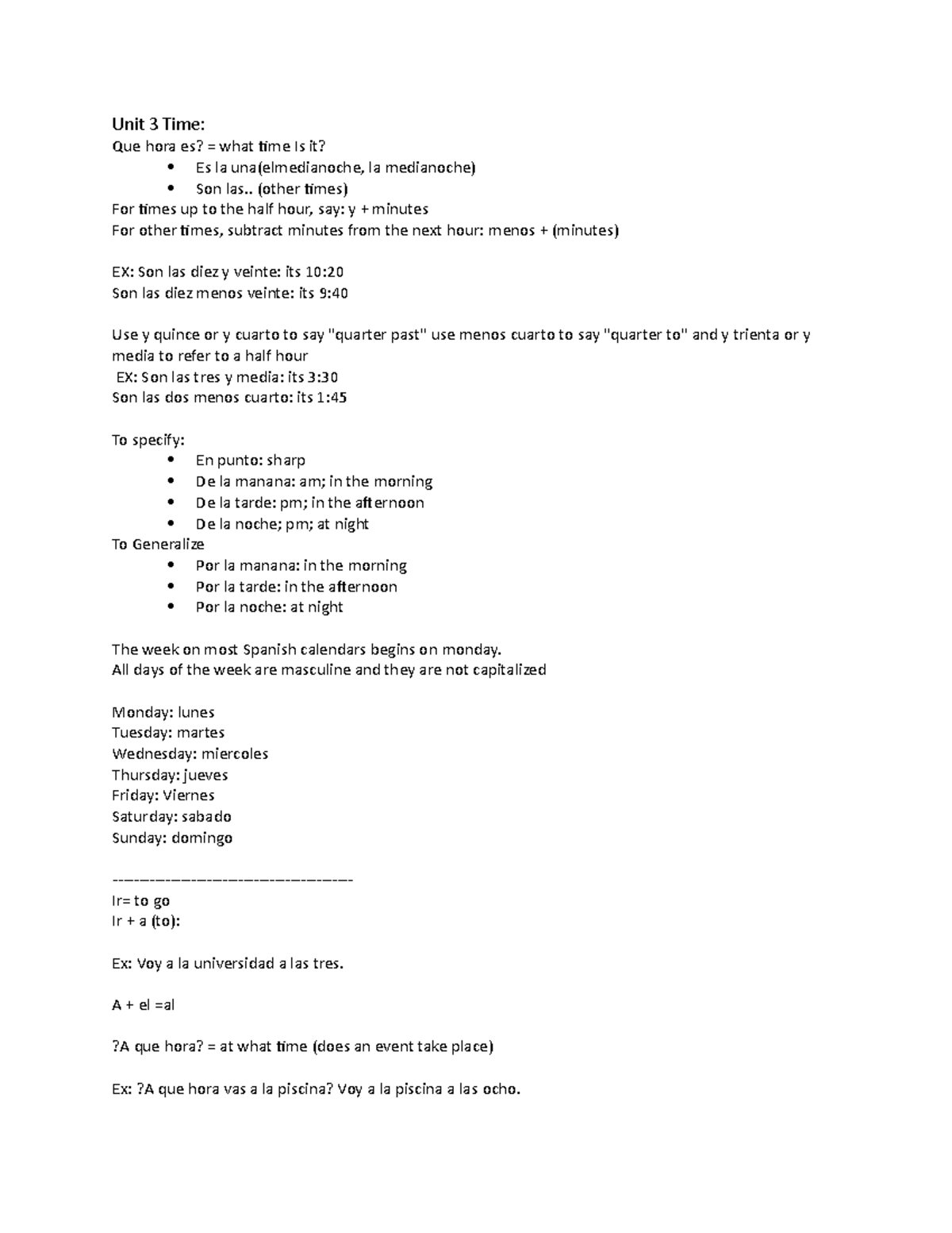 Unit 3 spanish - Unit 3 notes - Unit 3 Time: Que hora es? = what time ...