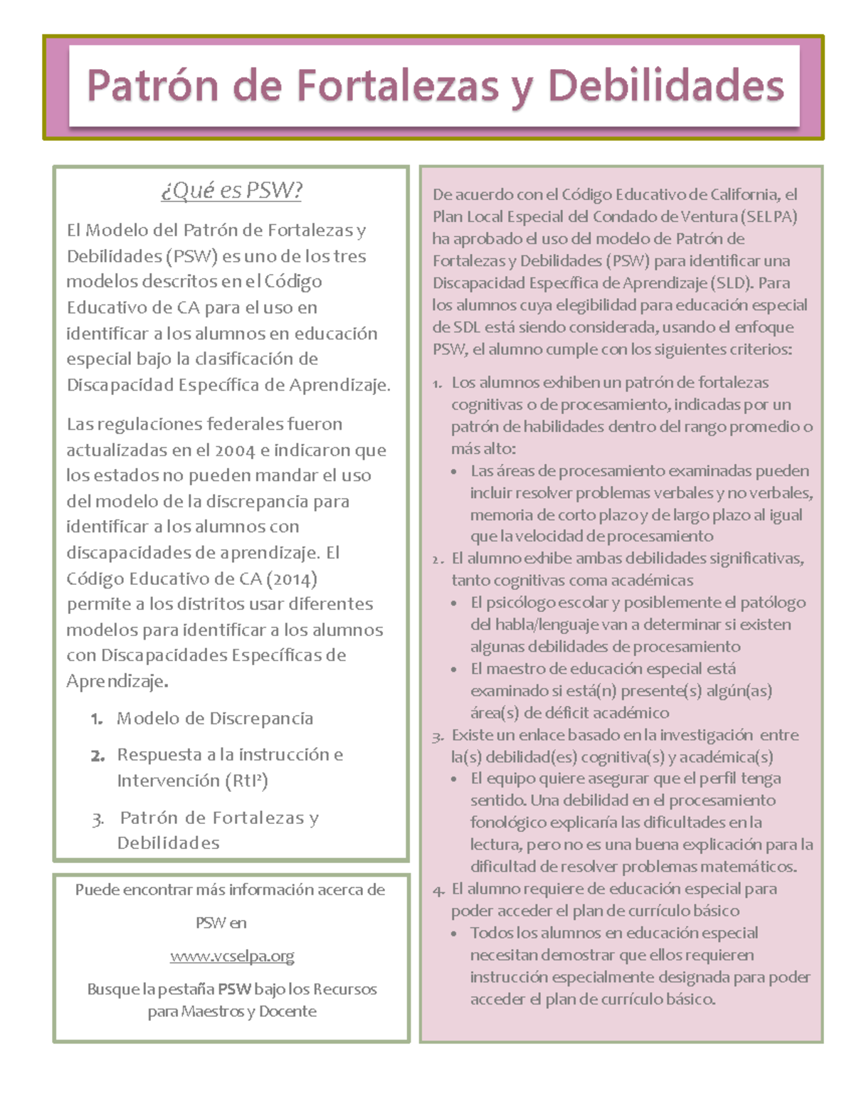 00 PSW Fact Sheet Spanish - De acuerdo con el CÛdigo Educativo de ...