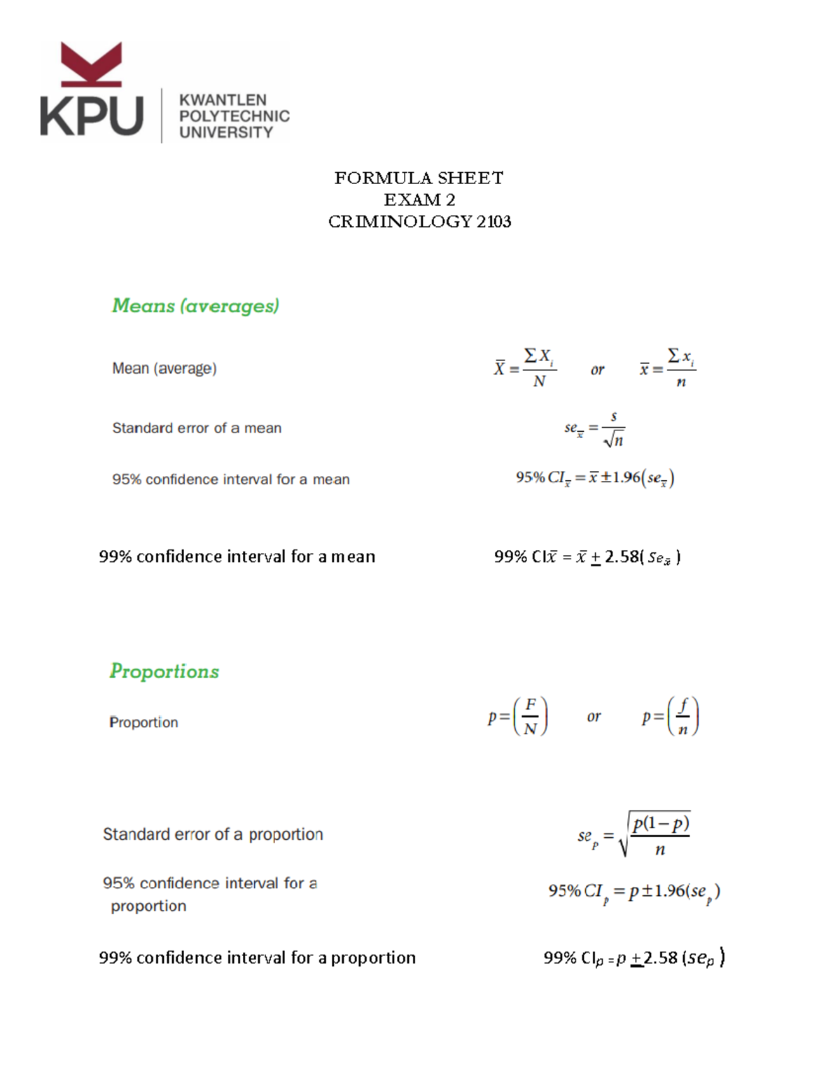 exam 2 formula sheet - CRIM 2103 - FORMULA SHEET EXAM 2 CRIMINOLOGY ...