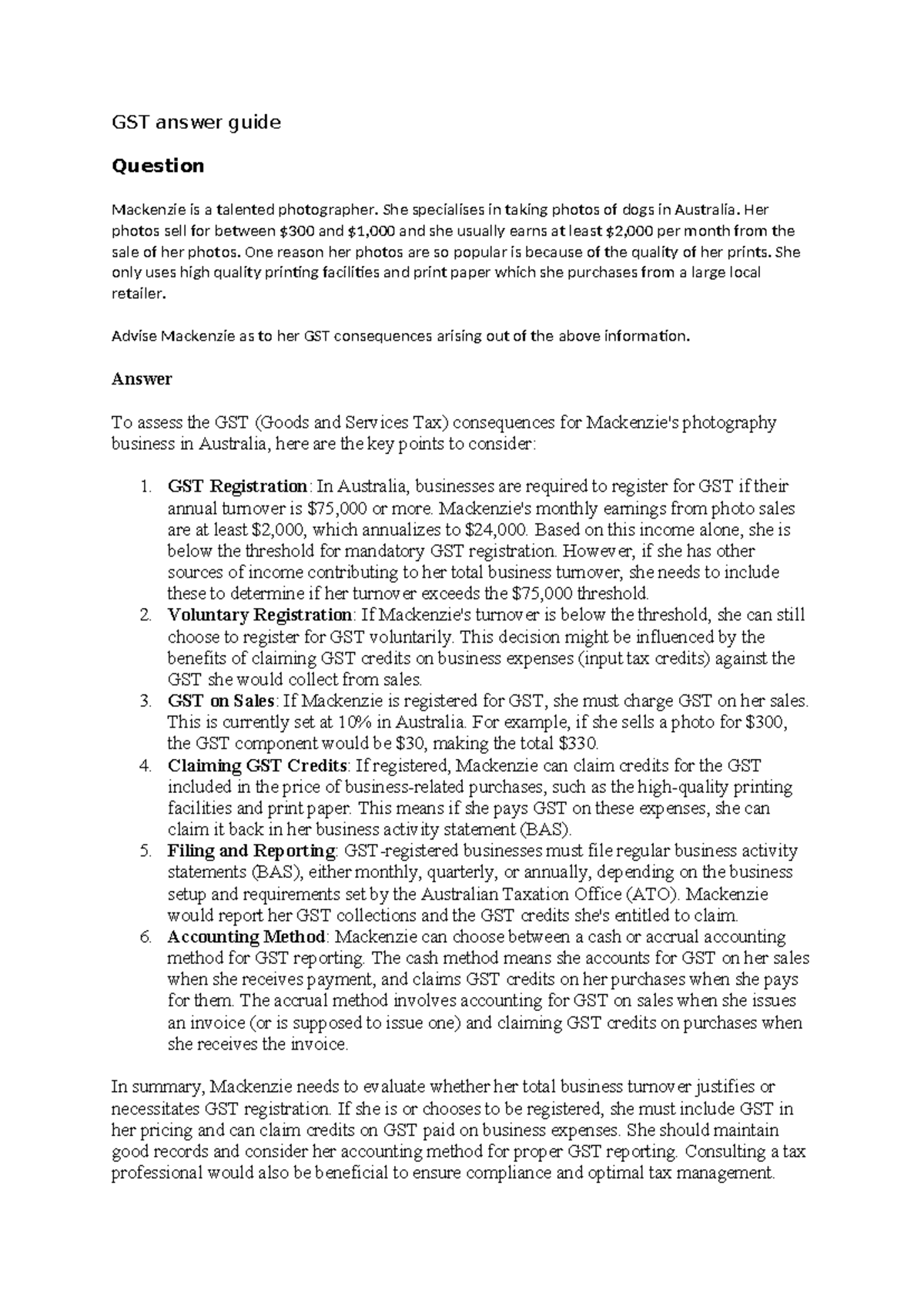 GST Answer guide - GST answer guide Question Mackenzie is a talented ...