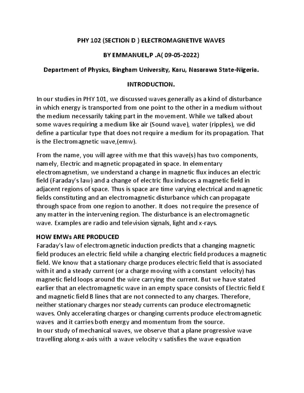 Physics-note - note - PHY 102 (SECTION D ) ELECTROMAGNETIVE WAVES BY ...