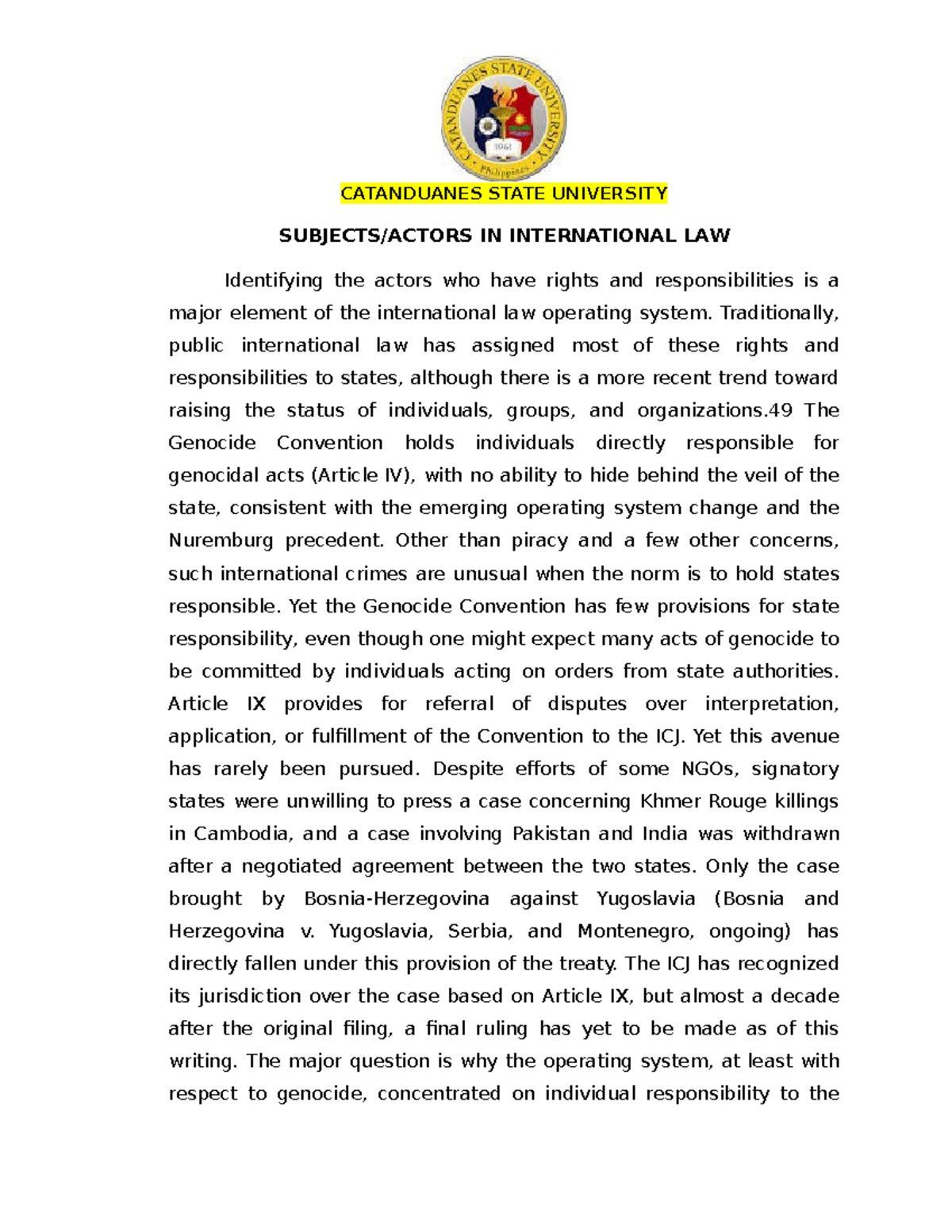 Subjects OR Actors IN International LAW - SUBJECTS/ACTORS IN ...