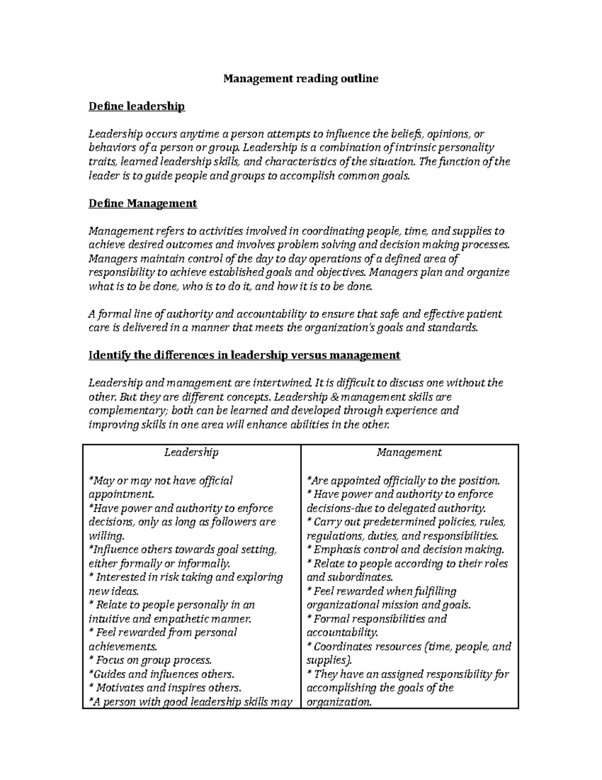 Management reading outline - Management reading outline Define ...