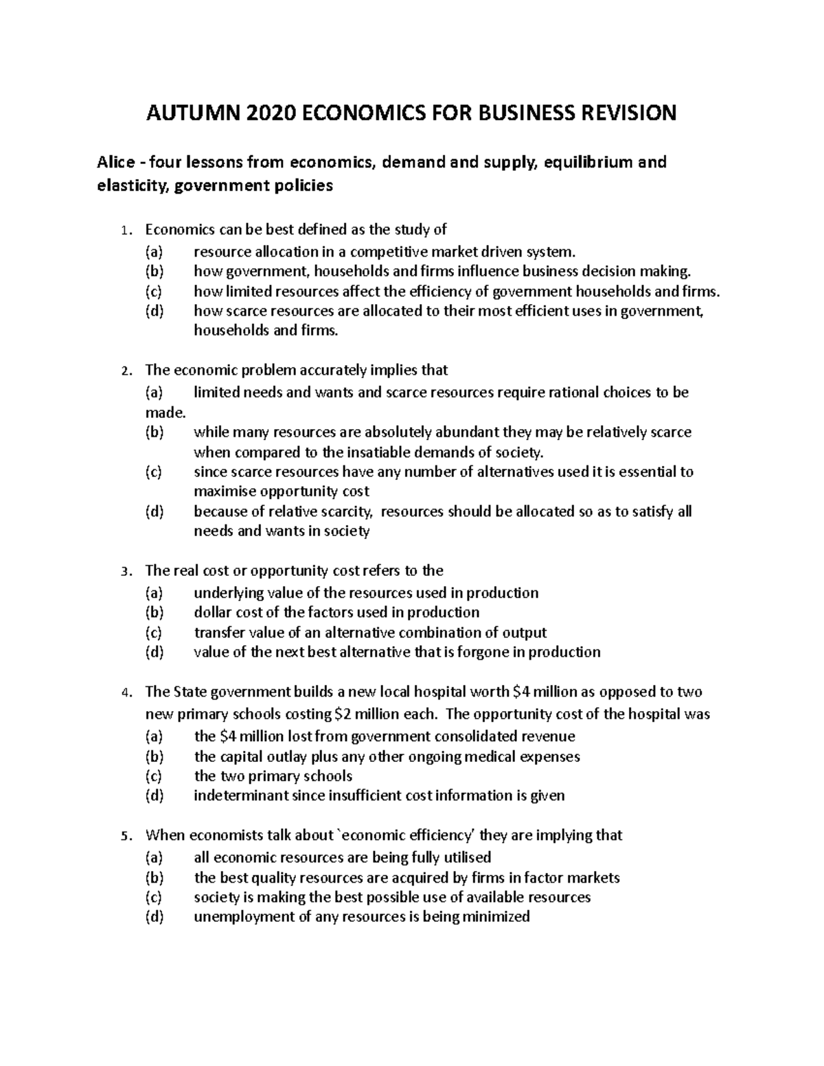 revision for eco - AUTUMN 2020 ECONOMICS FOR BUSINESS REVISION Alice ...