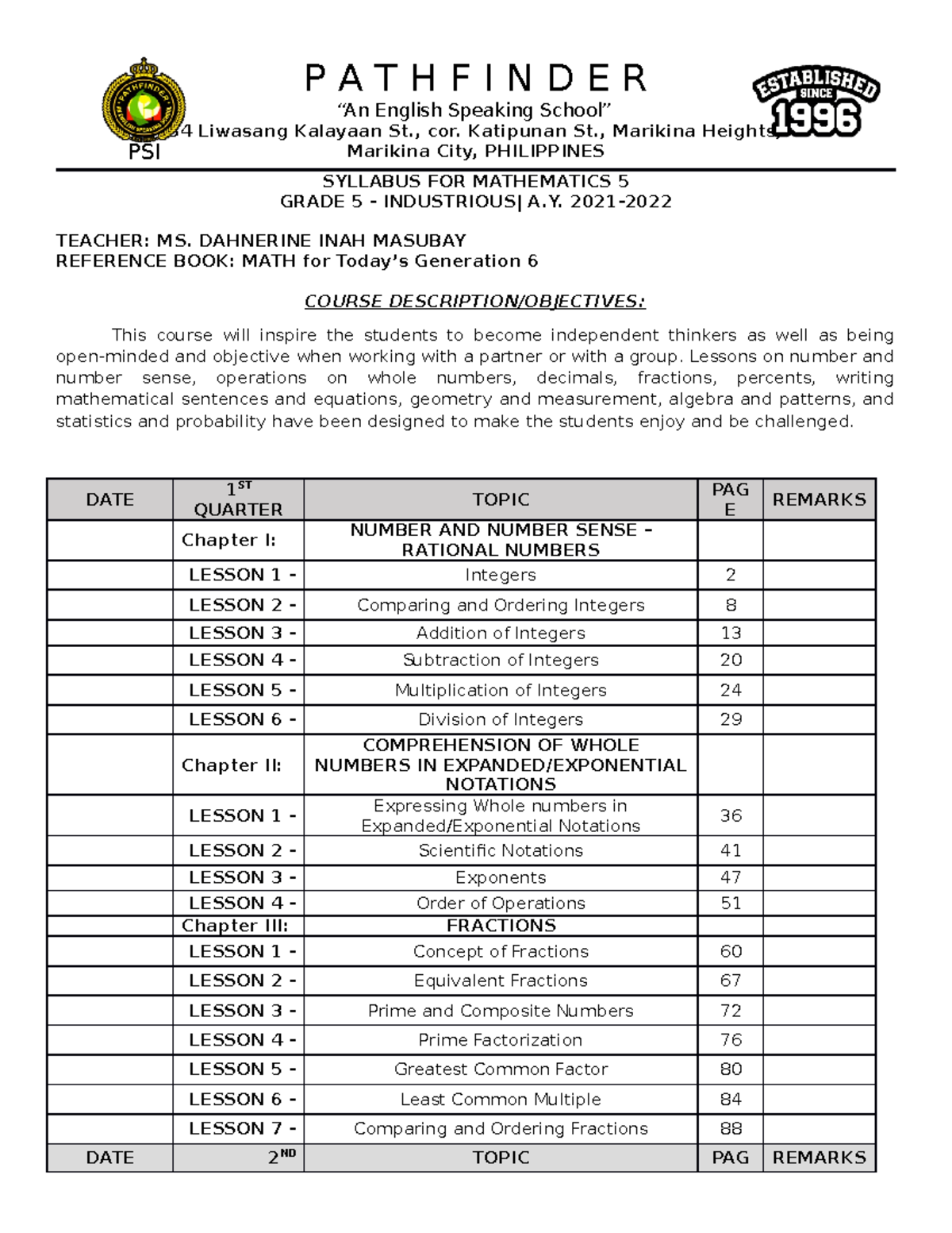 Syllabus FOR Grade 5 - P A T H F I N D E R “An English Speaking School ...