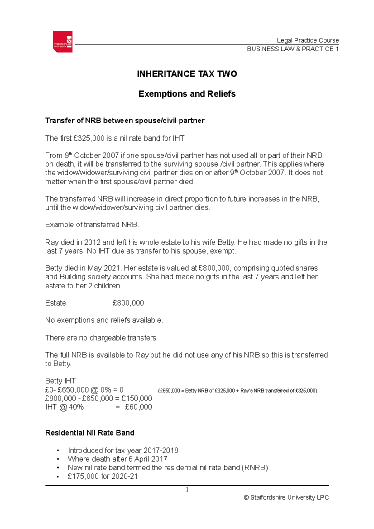 Inheritance Tax 2 Lecture Handout 2022-23 - BUSINESS LAW & PRACTICE 1 ...