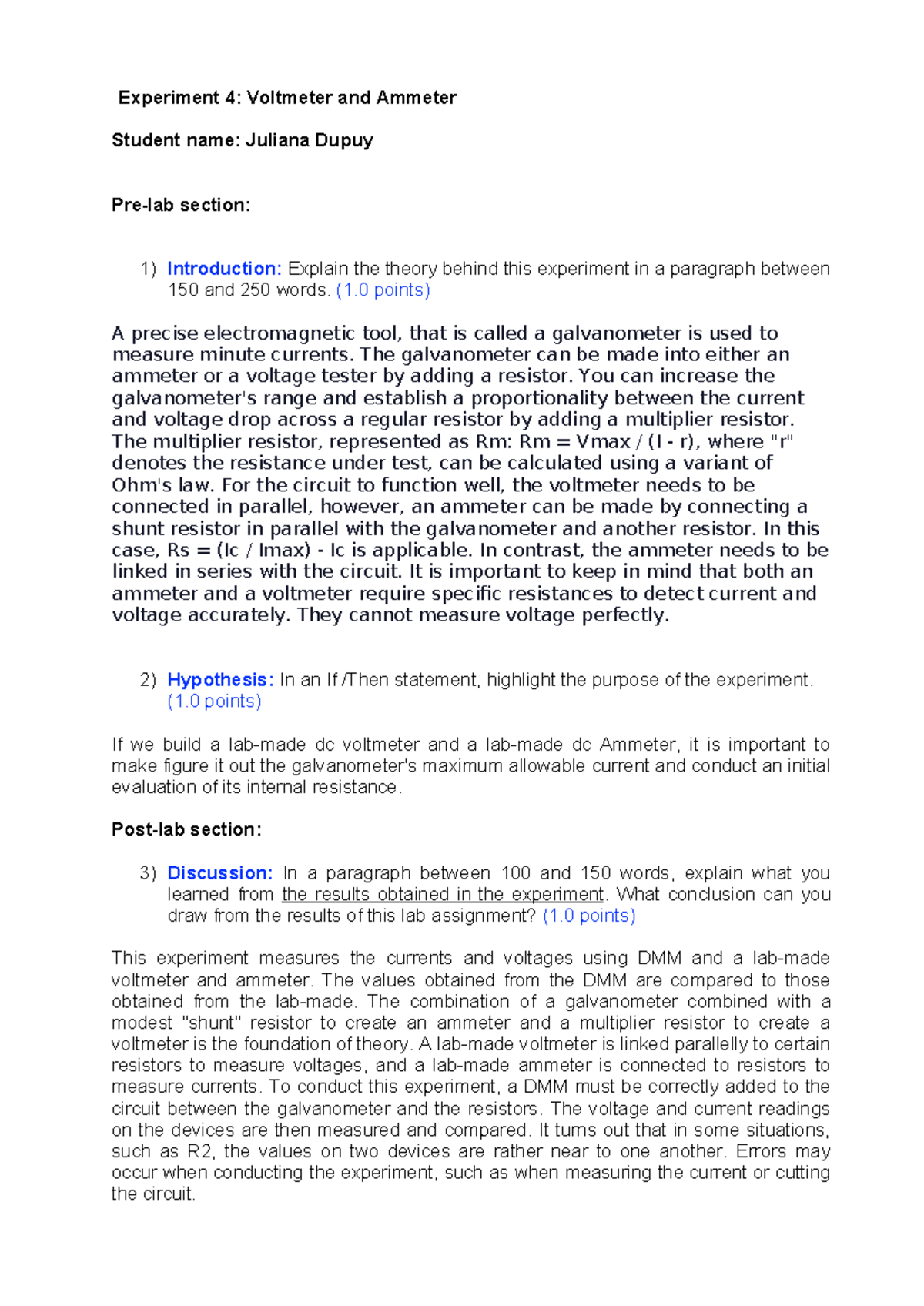 Report 4 - Experiment 4: Voltmeter and Ammeter Student name: Juliana Dupuy Pre-lab section ...