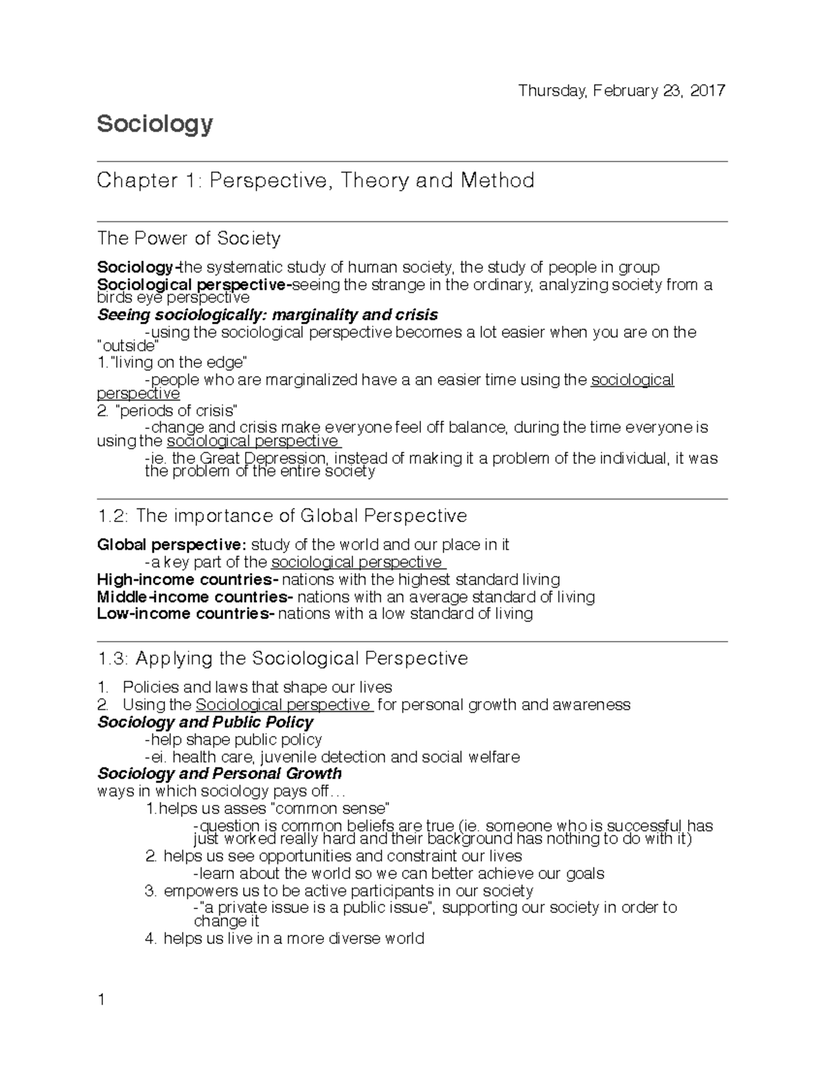 SA150- midterm notes - Thursday, February 23, 2017 Sociology! Chapter 1 ...