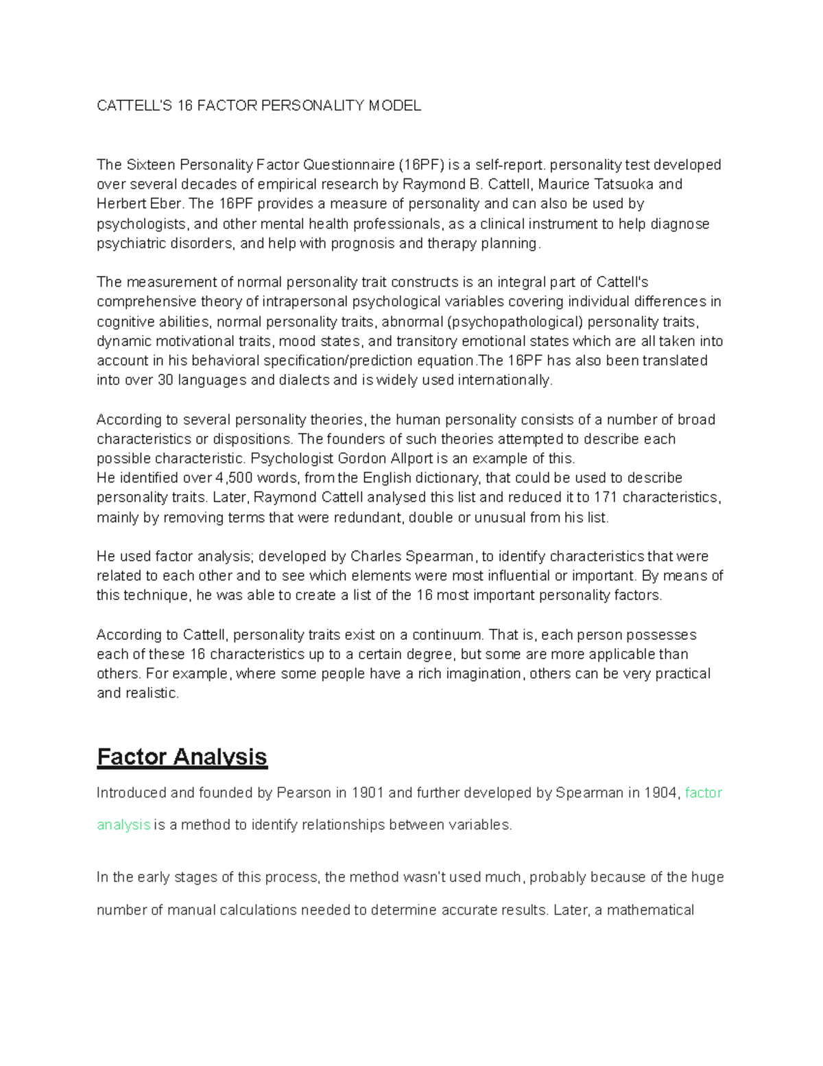 Cattell’S 16 Factor Personality Model - CATTELL’S 16 FACTOR PERSONALITY ...