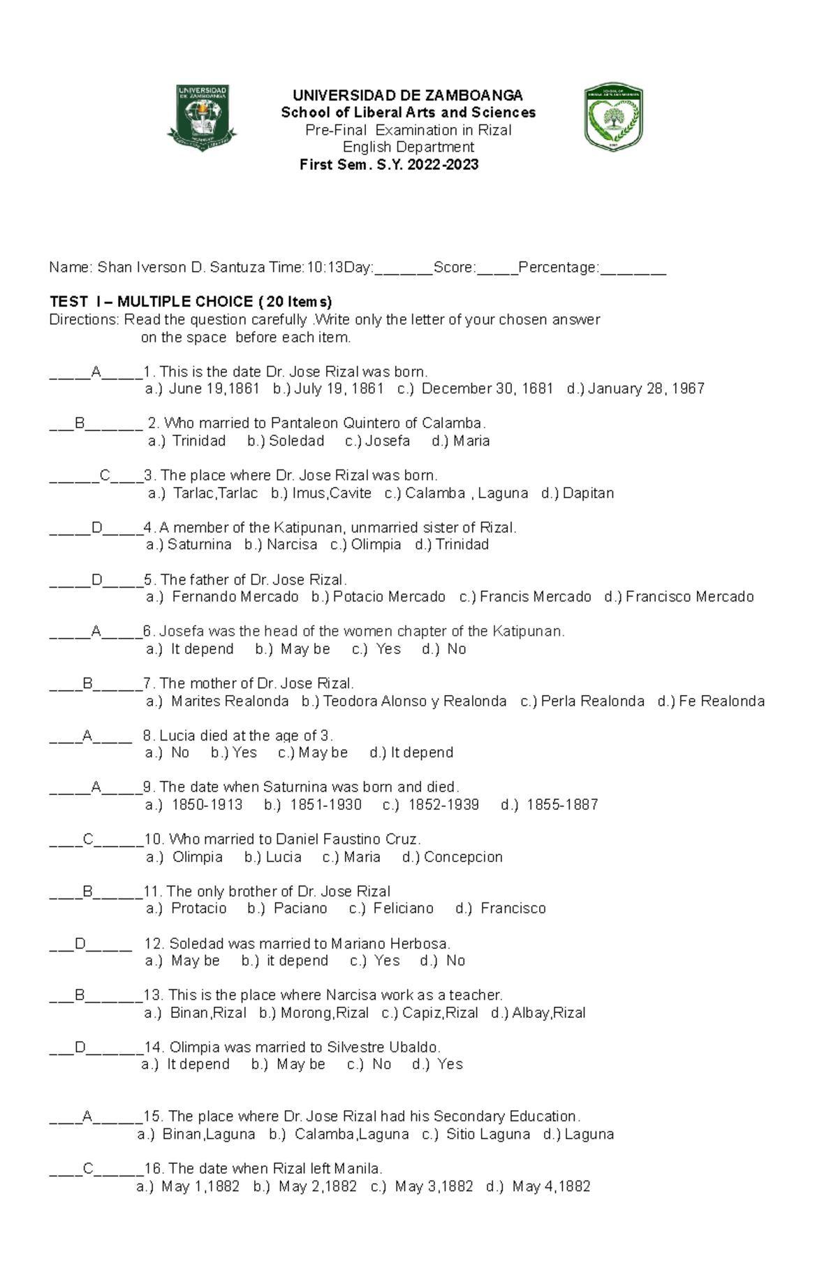 Pre-Final Exam in Rizal 1st Sem SY 22-23 - UNIVERSIDAD DE ZAMBOANGA ...