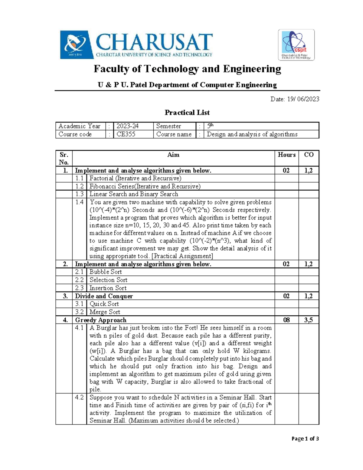Practical List - Page 1 of 3 Faculty of Technology and Engineering U ...
