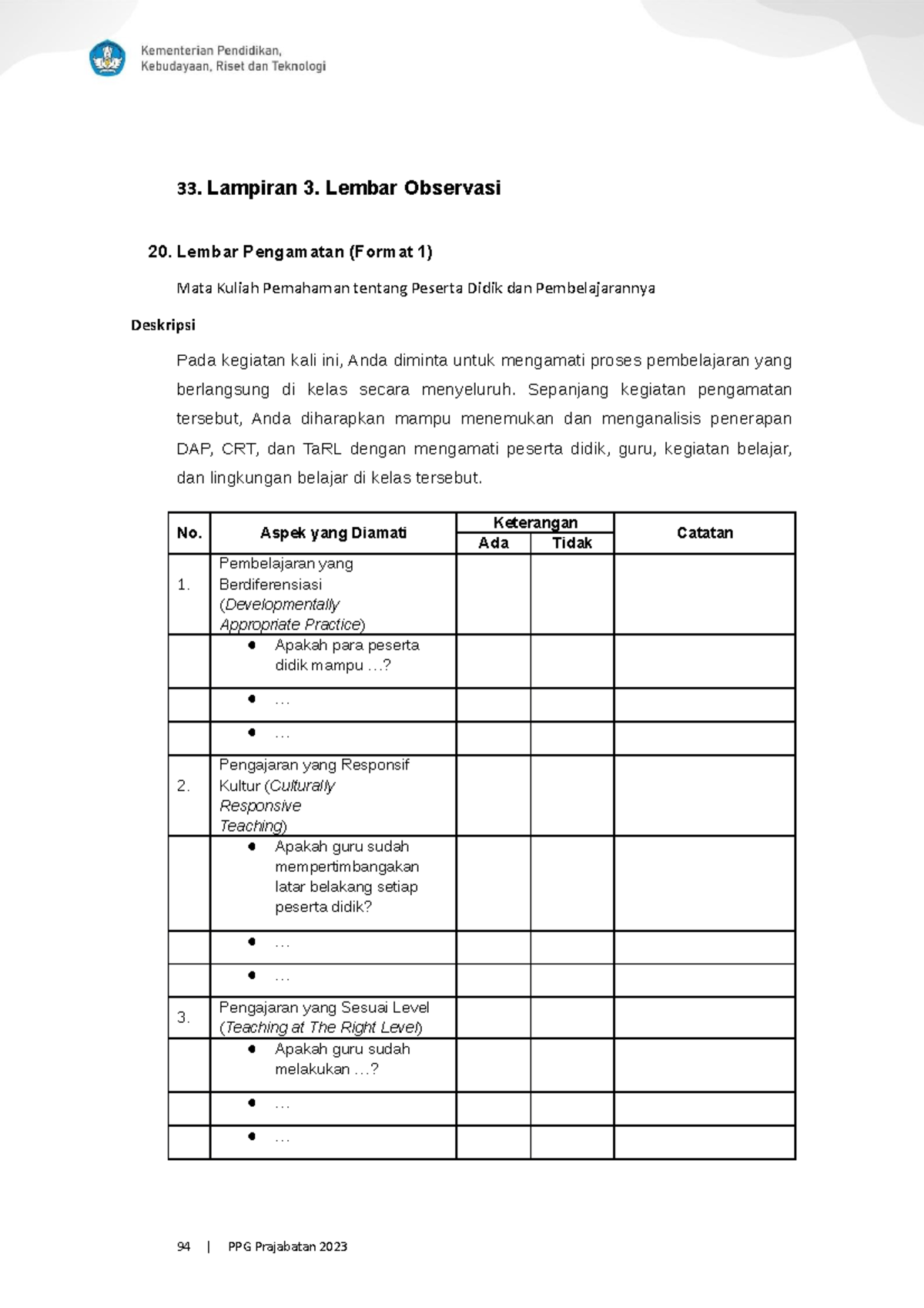Lembar Pengamatan - 33. Lampiran 3. Lembar Observasi 20. Lembar ...
